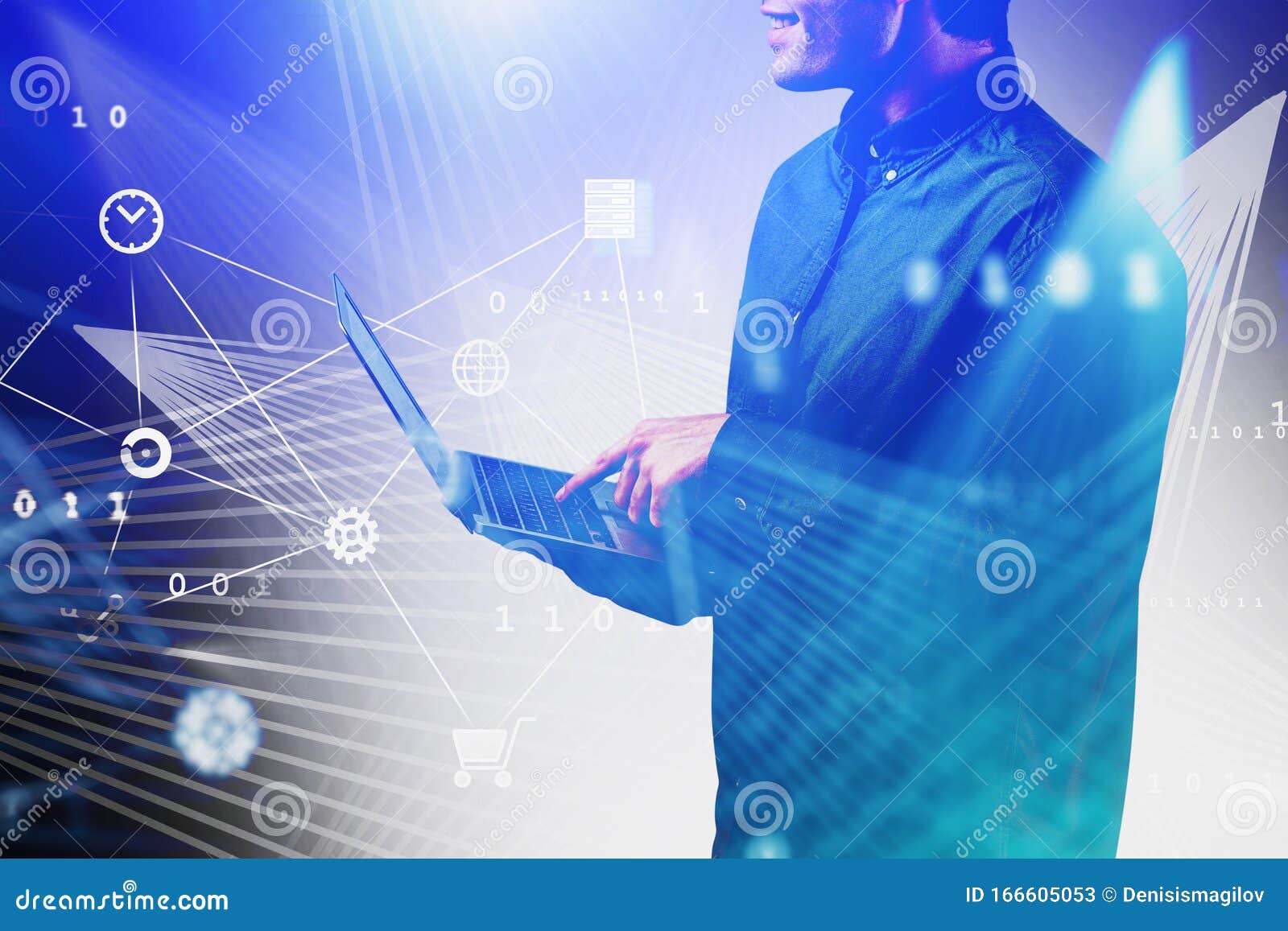Smiling Programmer with Laptop, Cloud Computer Stock Image - Image of ...
