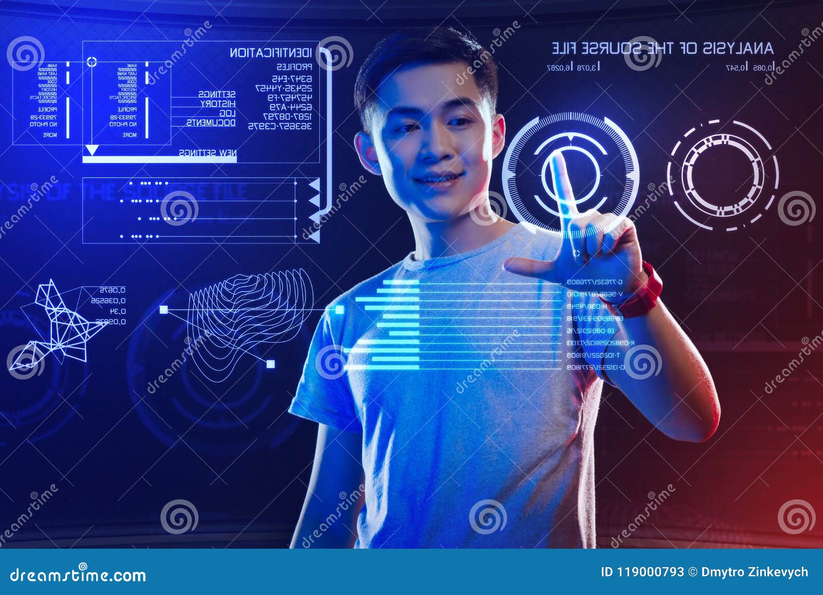 Smiling Programmer Looking Happy while Touching Visual Elements on the Screen Stock Image ...