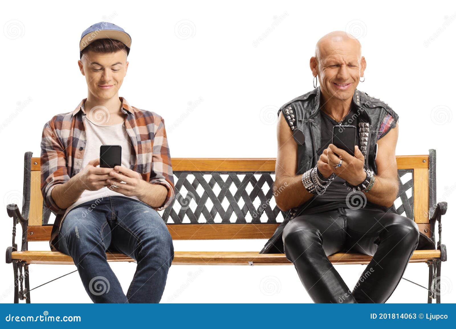 Smiling Punk and a Young Guy on a Bench Using Smartphones Stock Image ...