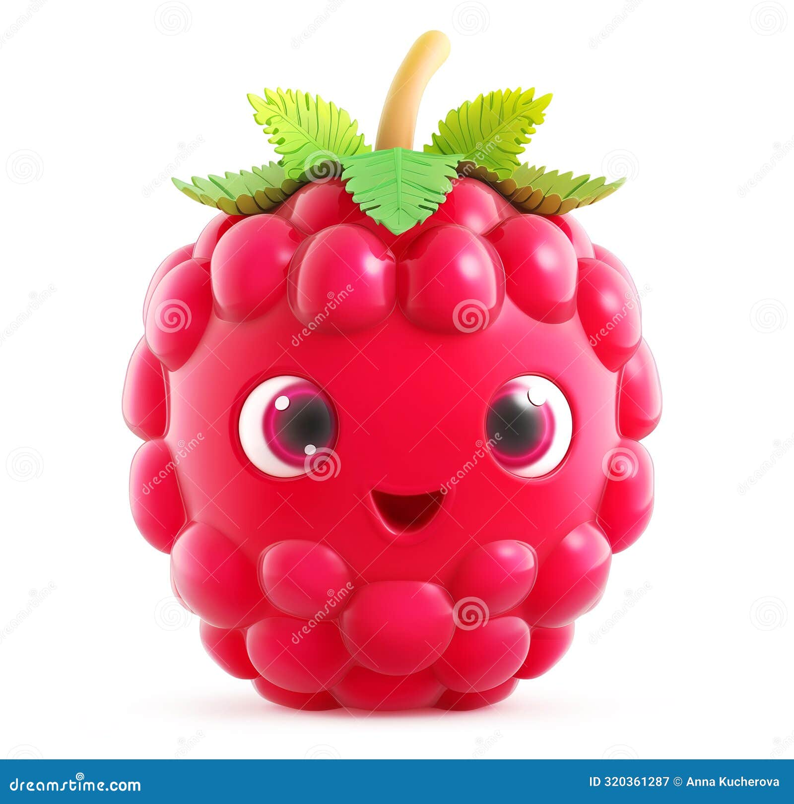 Smiling Raspberry Character with Expressive Eyes and Green Leaves on ...