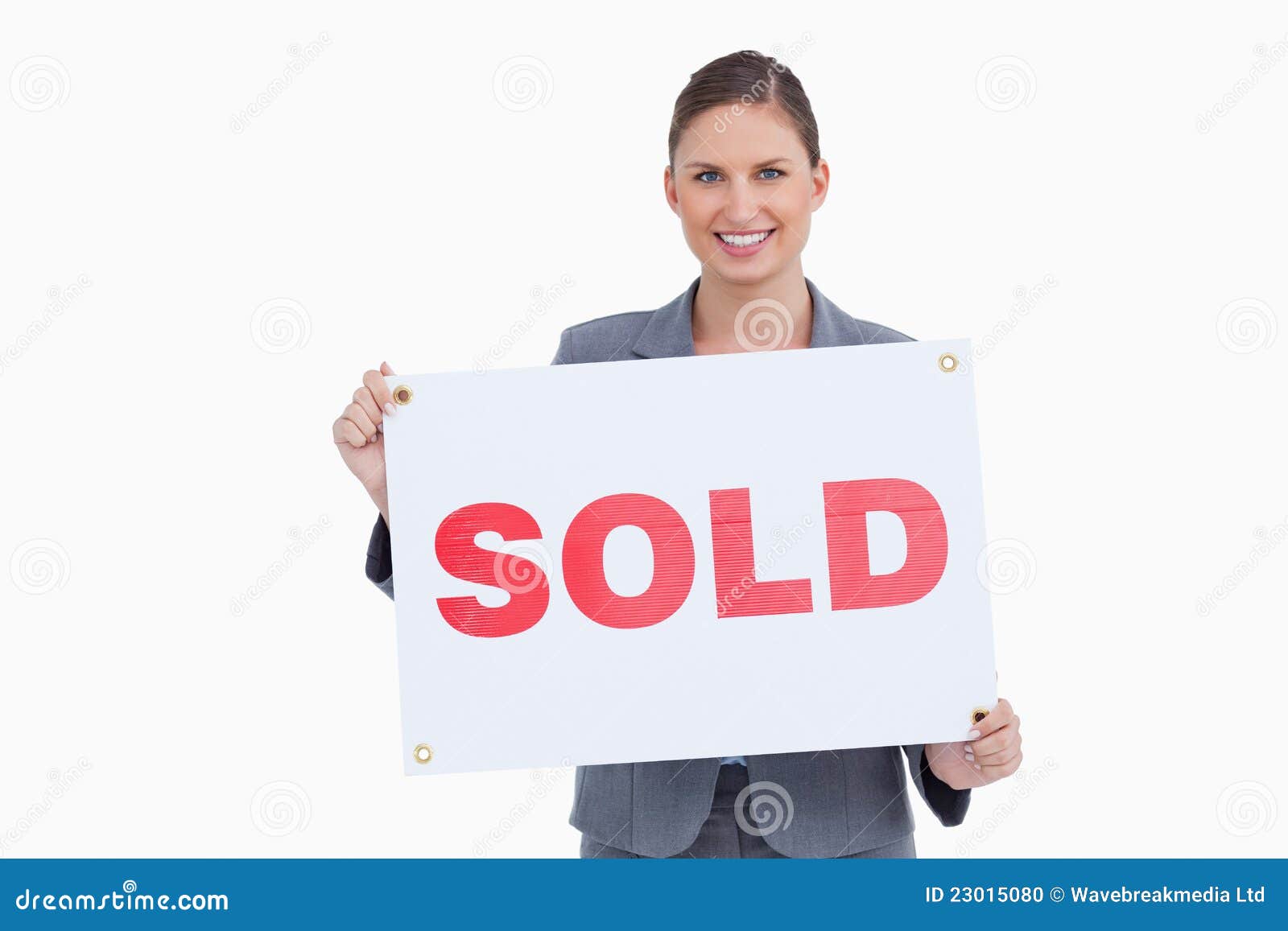 Smiling Real Estate Agent Presenting Sold Sign Stock Photo - Image of ...