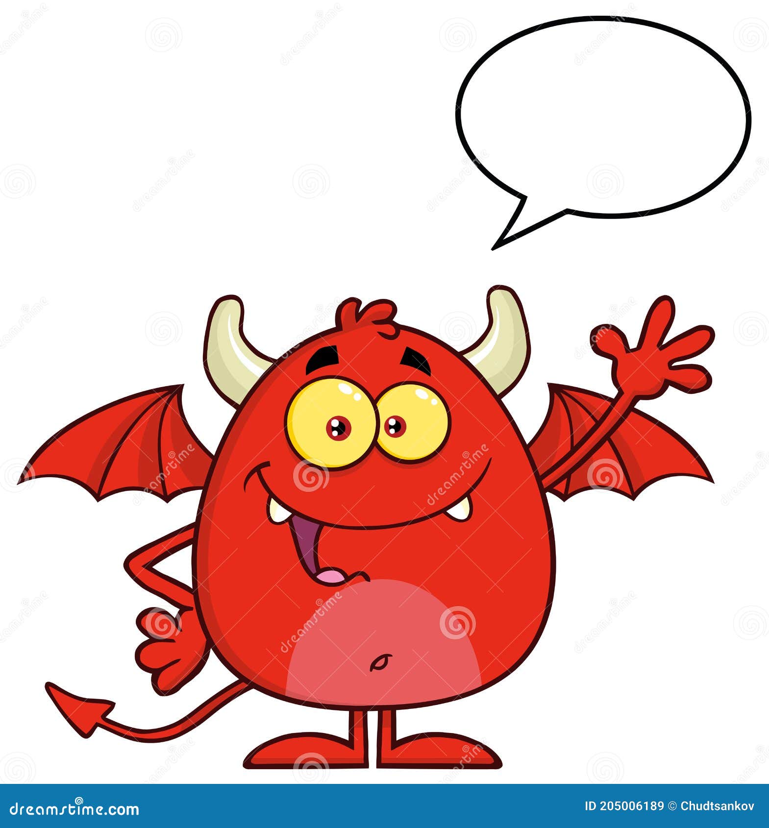 Smiling Red Devil Cartoon Character Waving with Speech Bubble Stock ...