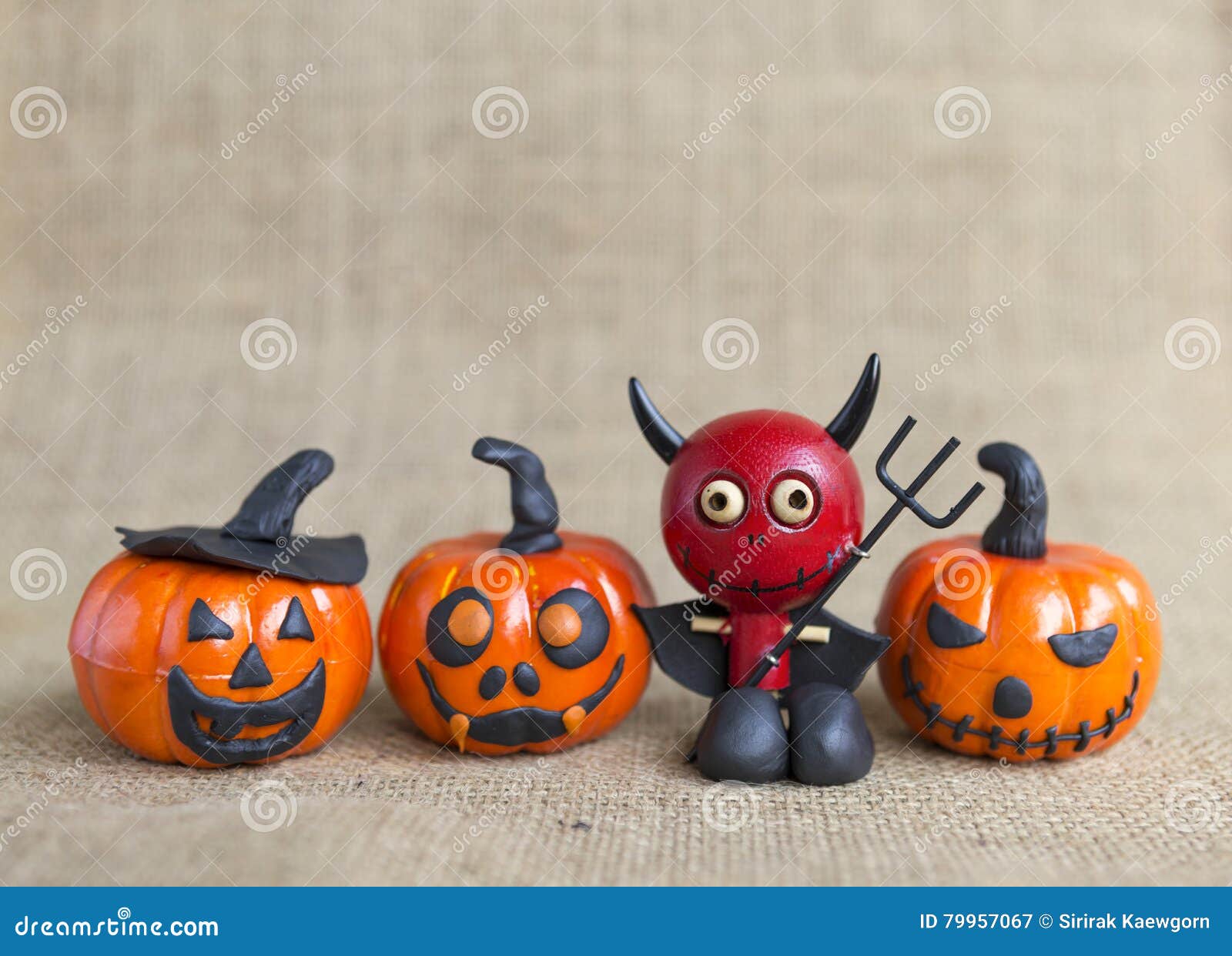Smiling Red Devil and Halloween Pumpkin Gang Stock Image - Image of ...