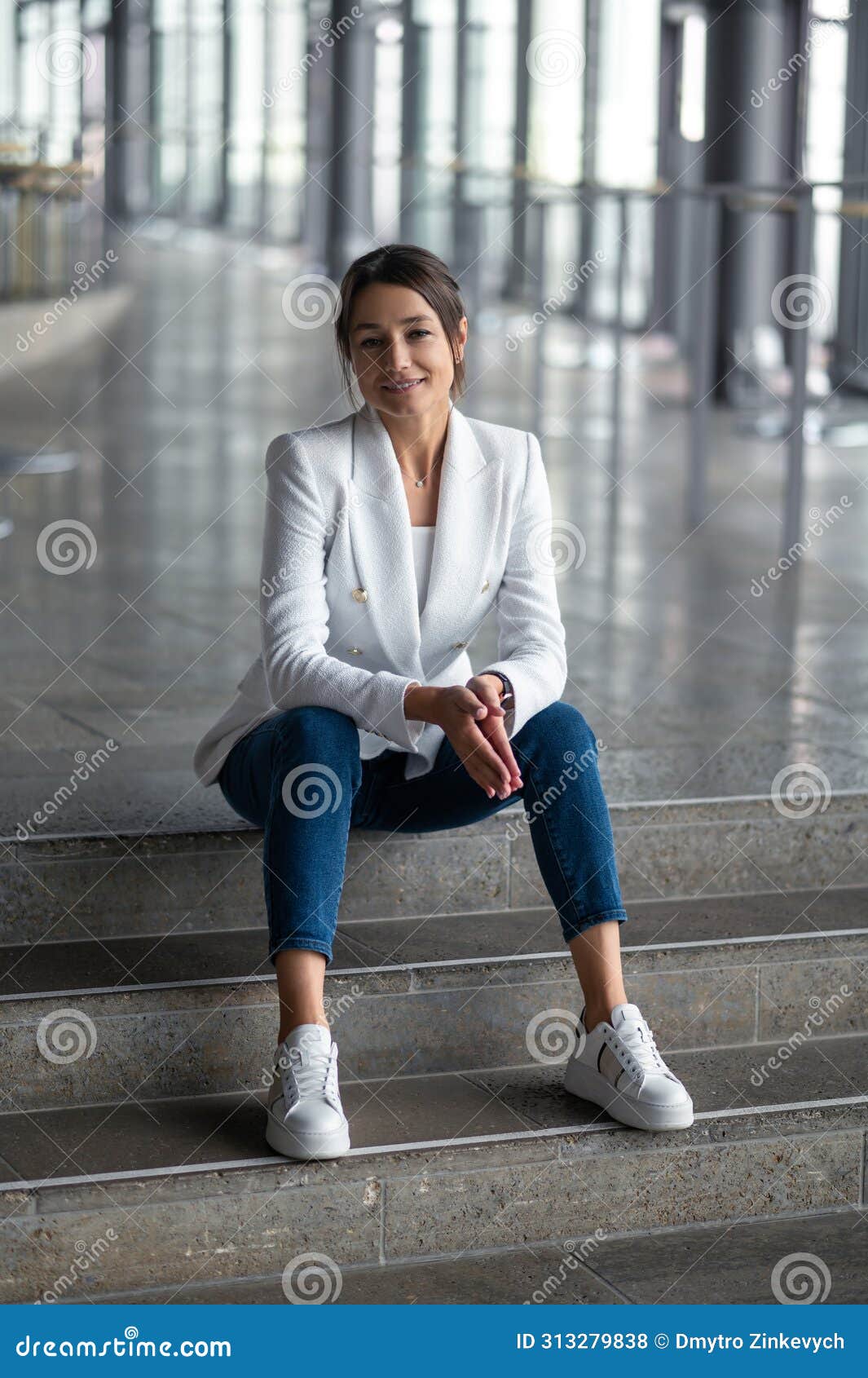 Smiling Relaxed Pretty Woman Sitting on the Steps Stock Photo - Image ...