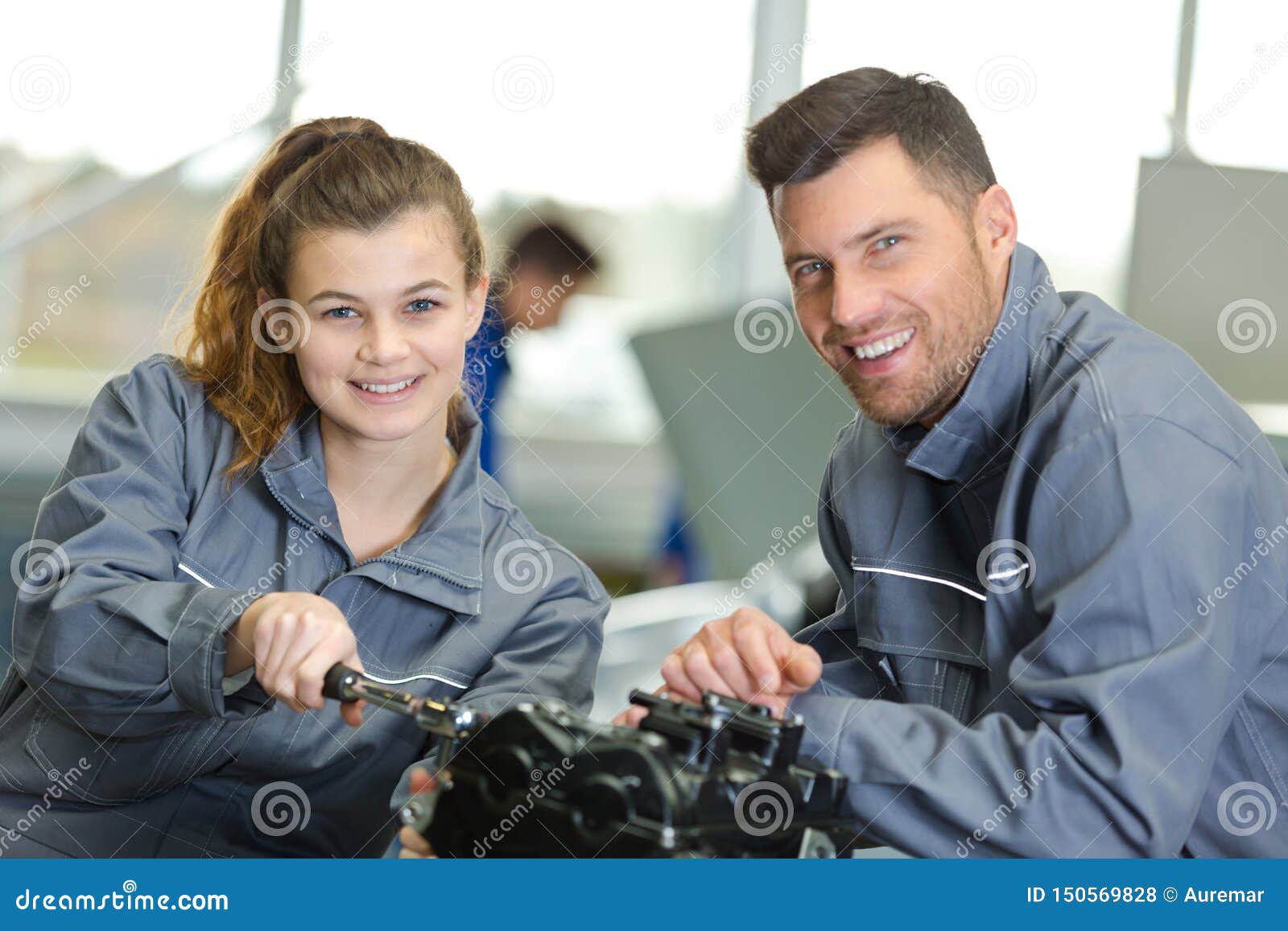 Smiling Repairman and Apprentice in Auto Mechanic Stock Photo - Image ...