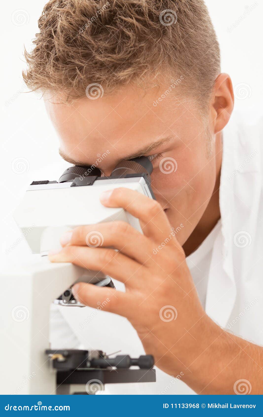 Smiling Researcher with Microsope Stock Photo - Image of biology ...