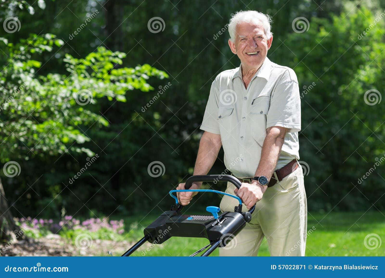 Smiling Retiree with Lawn Mower Stock Image - Image of nature, backyard ...