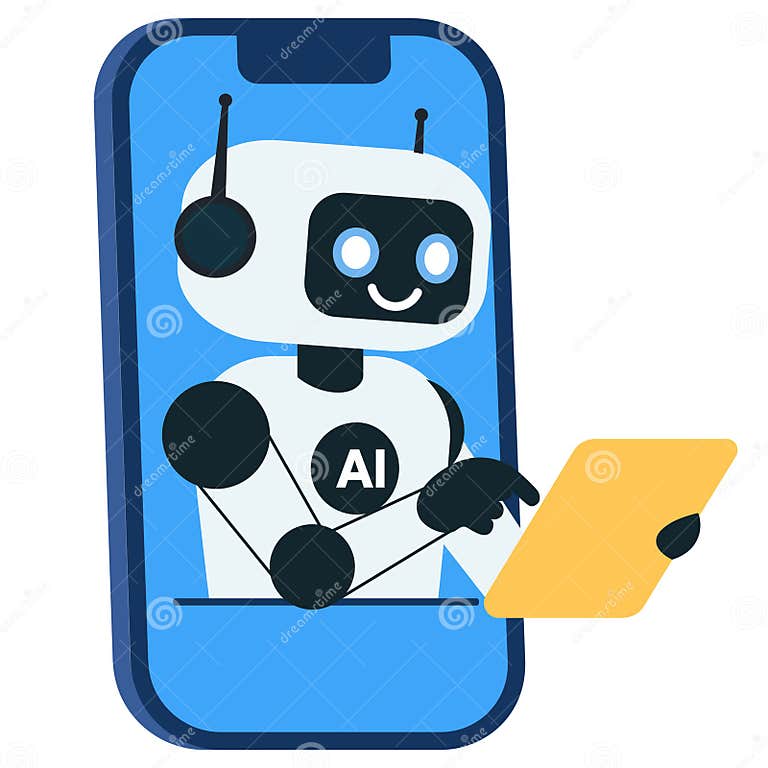 Smiling Robot Chat Bot with Yellow Tablet on Mobile Screen Stock ...
