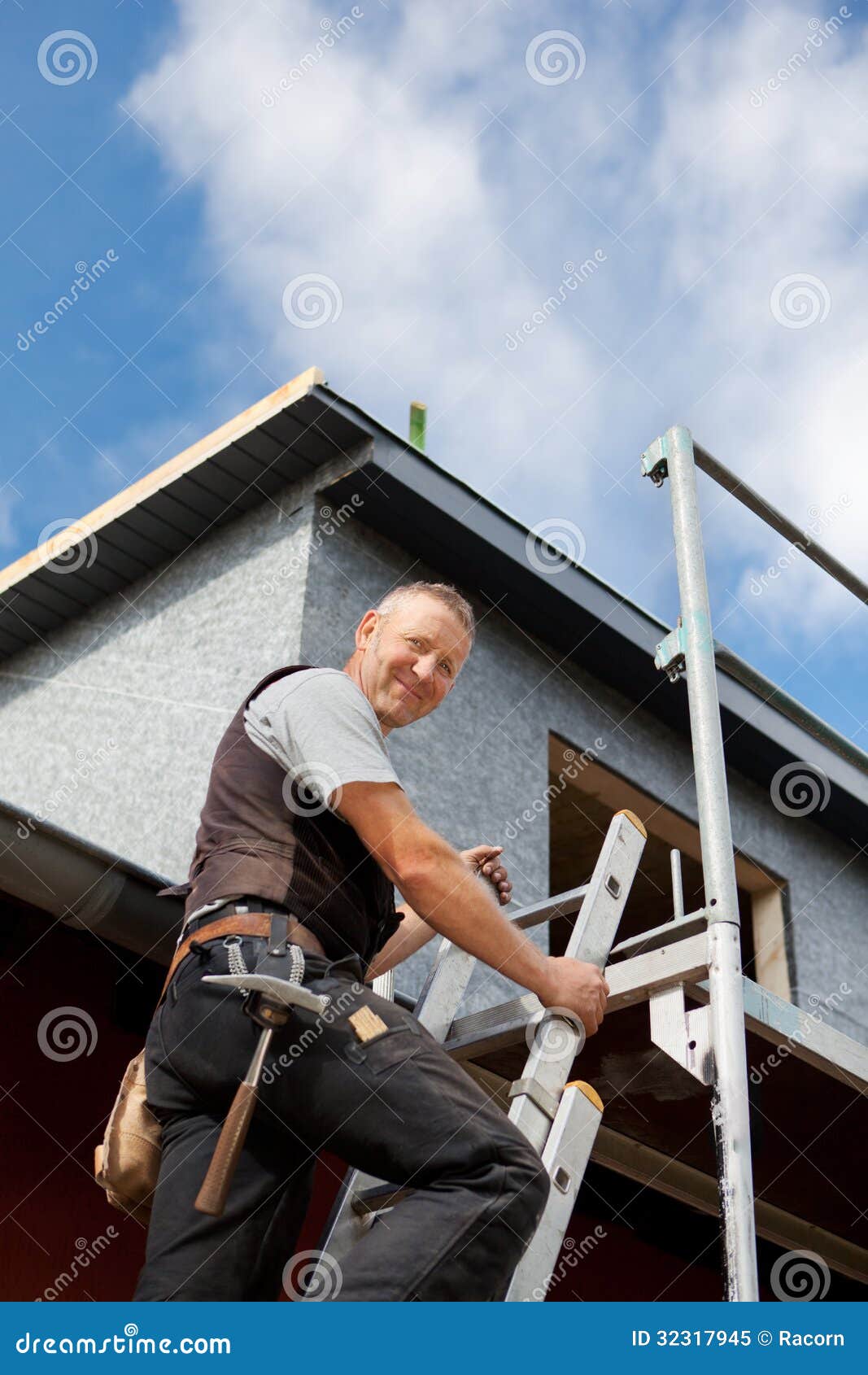 Smiling Roofer Climbing a Ladder Stock Image - Image of dormer, holding ...