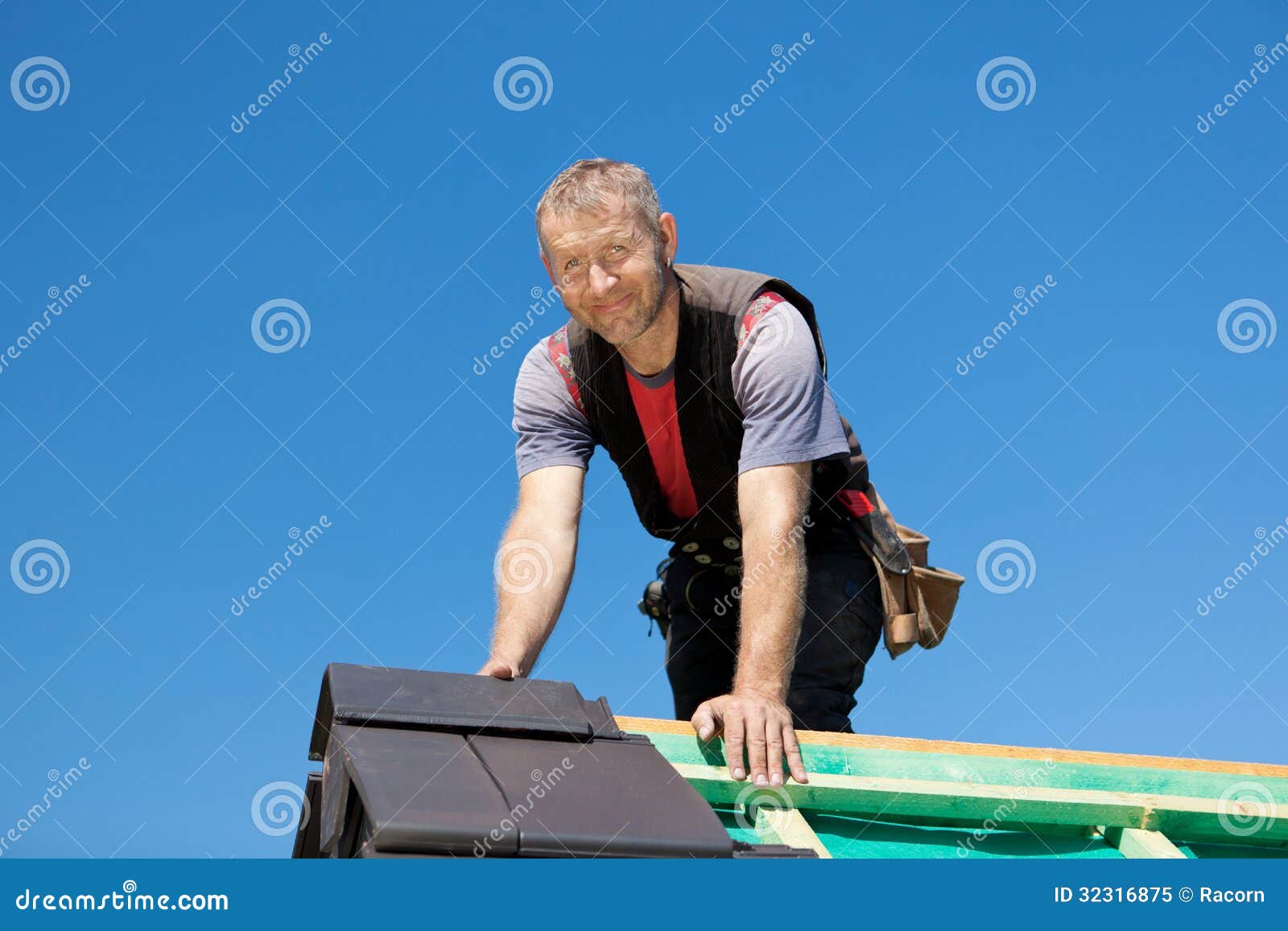 Smiling Roofer on Top of the Roof Stock Image - Image of framework ...