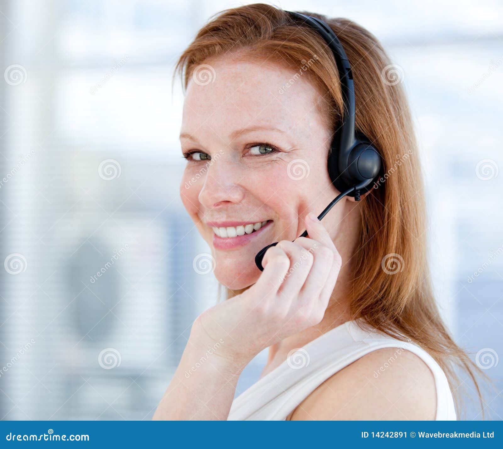 Smiling Sales Representative Woman with Earpiece Stock Image - Image of ...