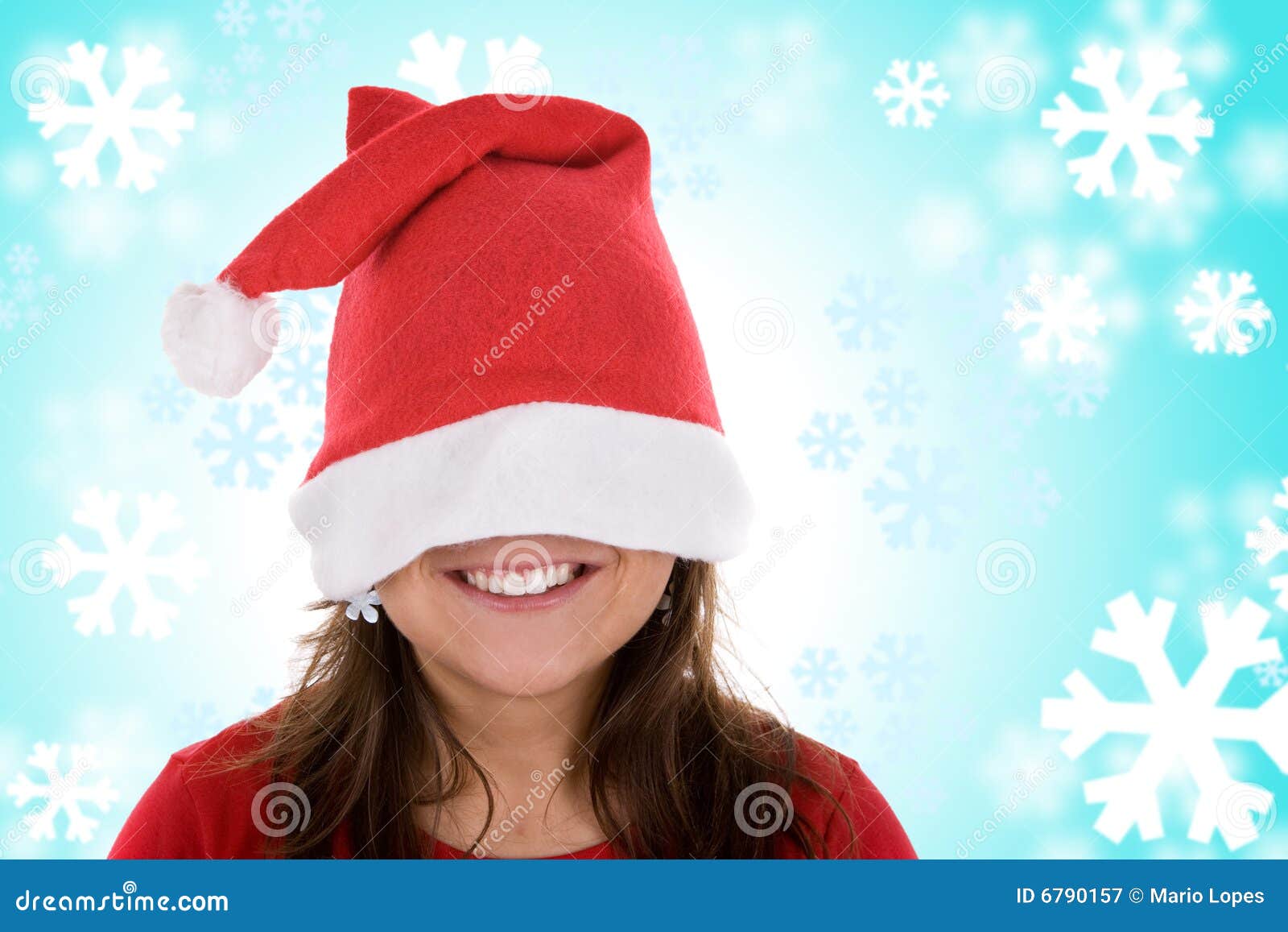 Smiling Santa Woman in Red with Blue Background Stock Image - Image of ...