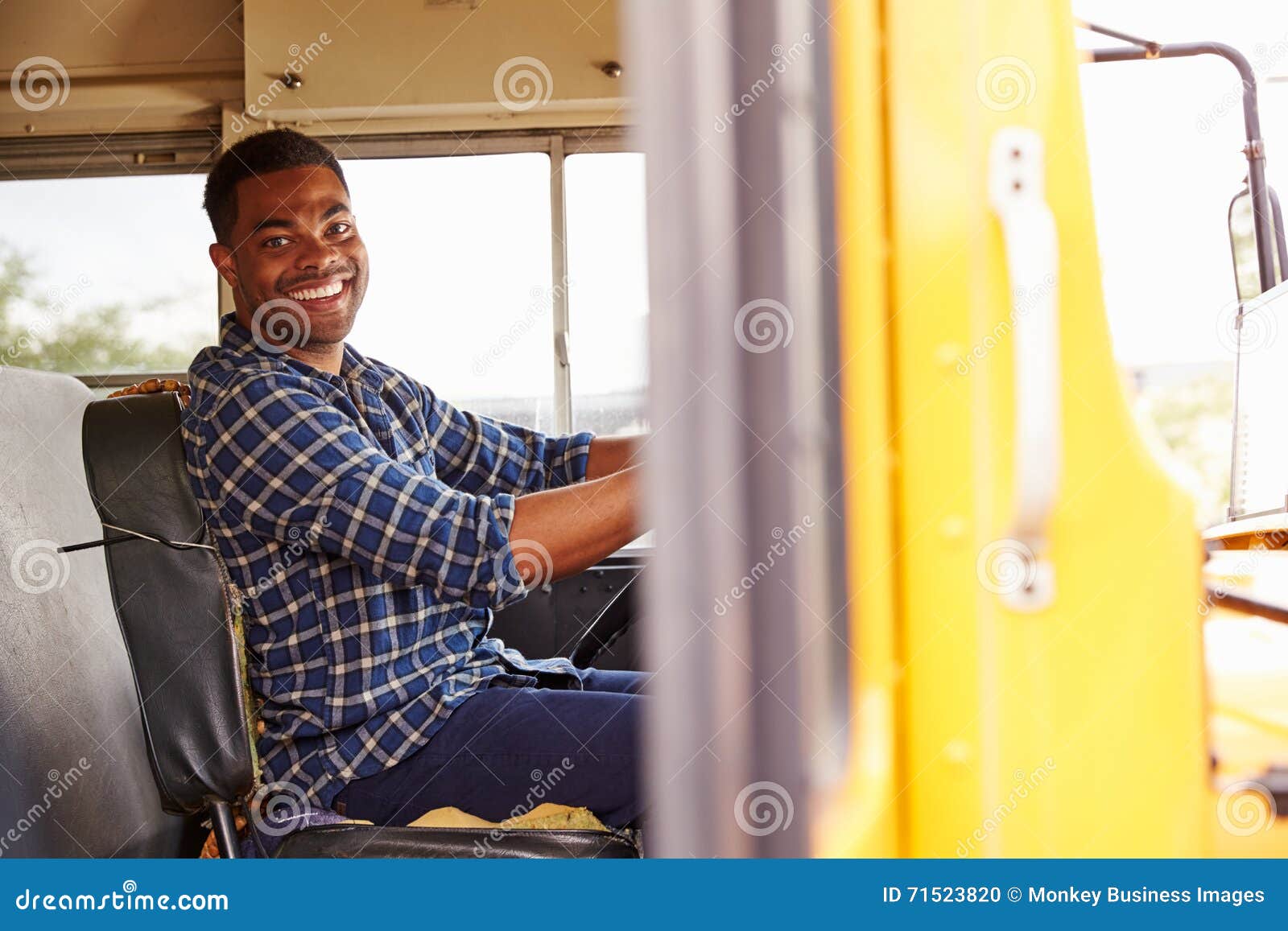 Smiling School Bus Driver Sitting in Bus Stock Photo - Image of happy ...