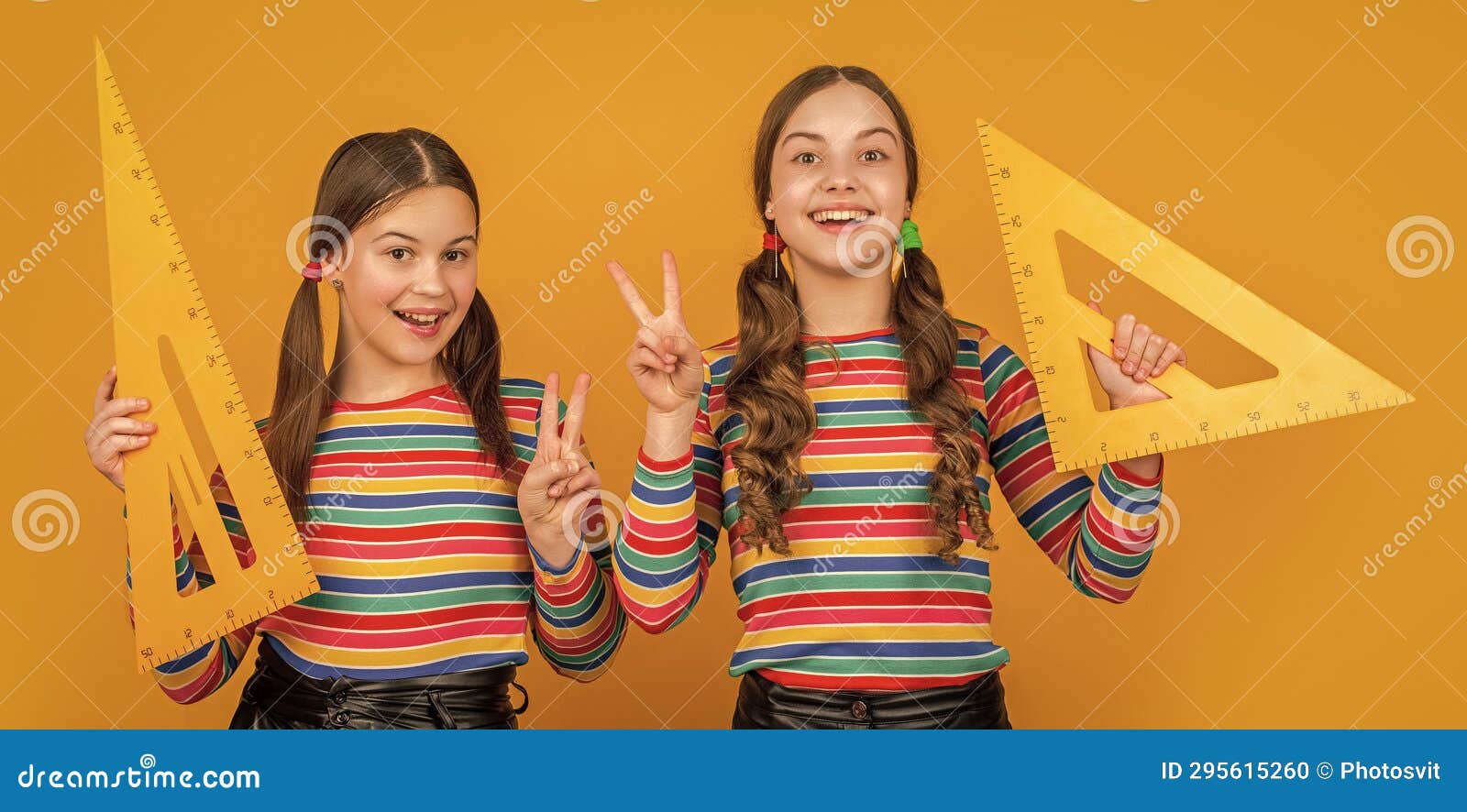 Smiling School Children Hold Math Tool of Triangle Stock Photo - Image ...