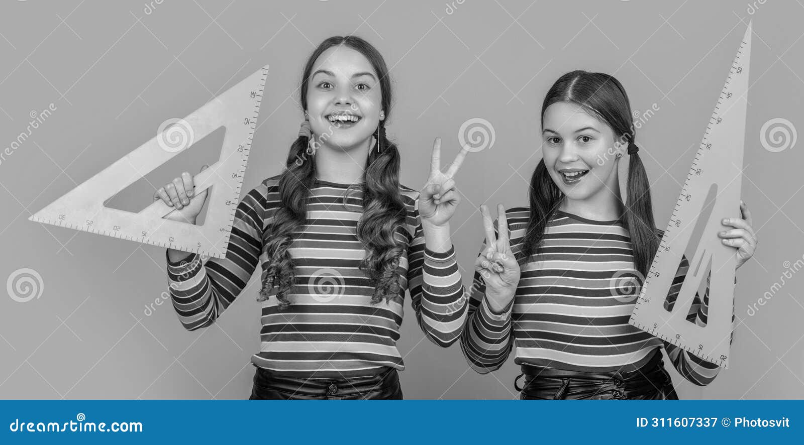 Smiling School Children Hold Math Tool of Triangle Stock Image - Image ...