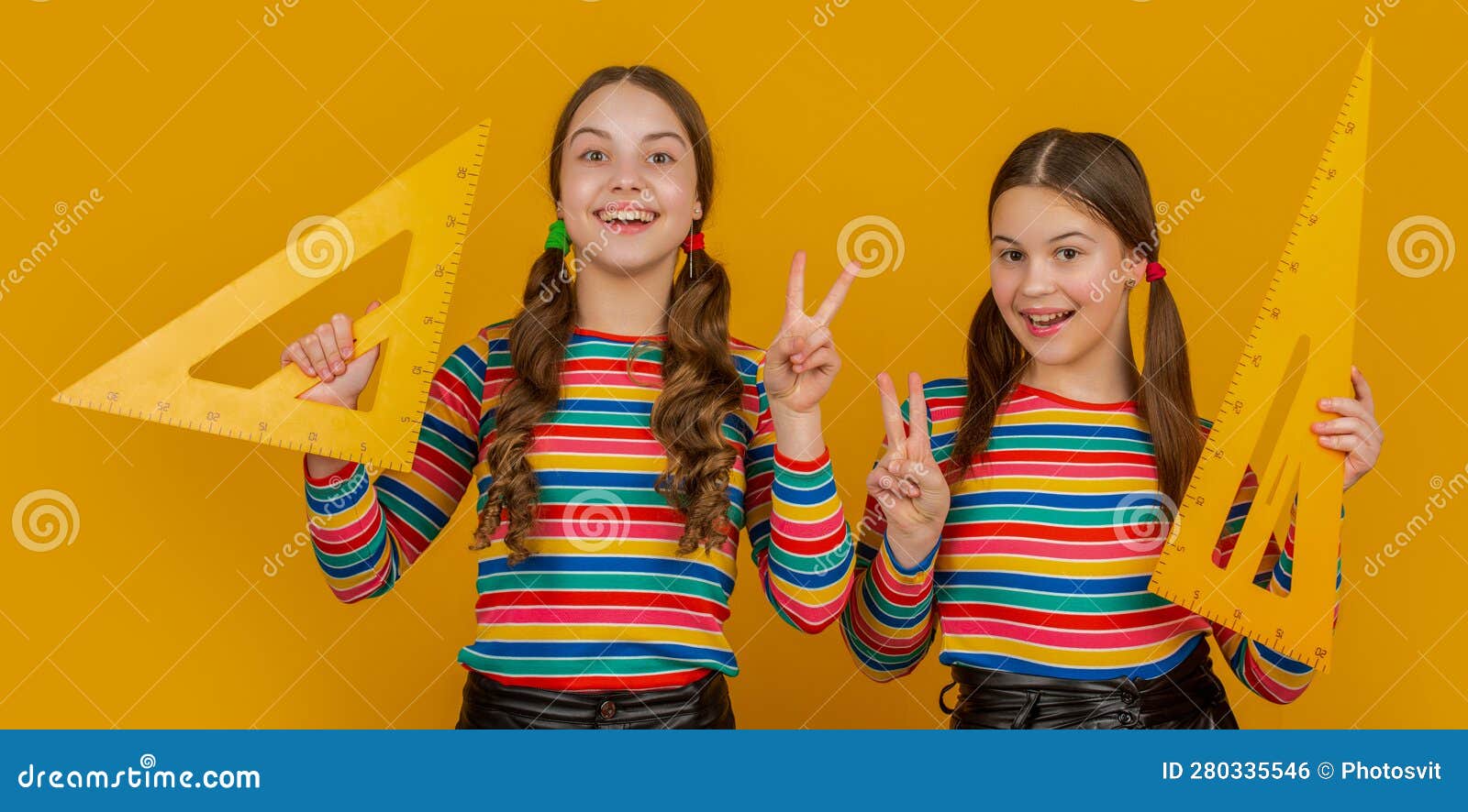 Smiling School Children Hold Math Tool of Triangle Stock Photo - Image ...