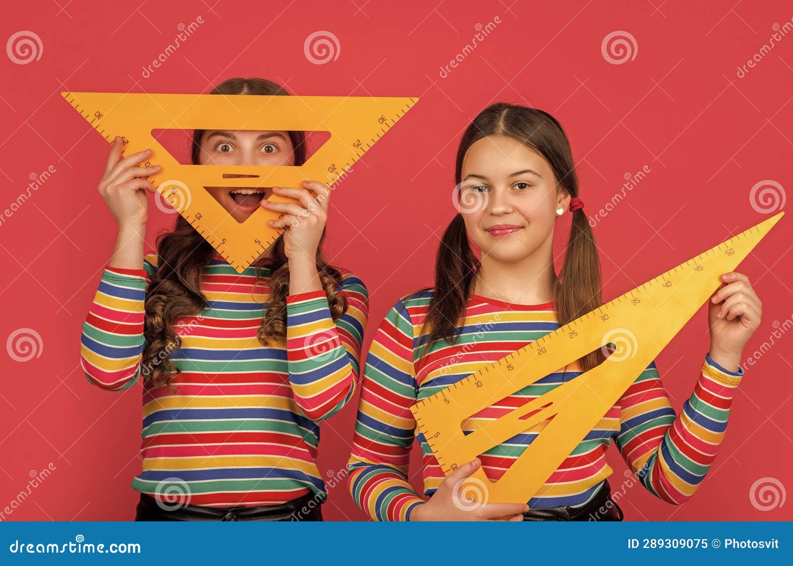 Smiling School Girls Hold Math Tool of Triangle Stock Image - Image of ...
