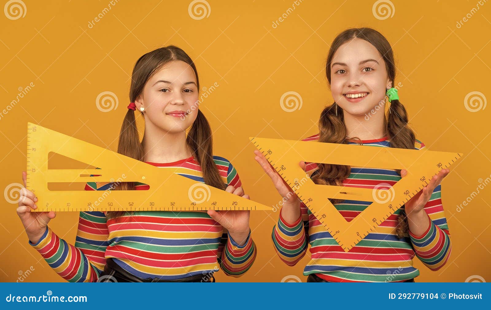 Smiling School Kids Hold Math Tool of Triangle Stock Photo - Image of ...