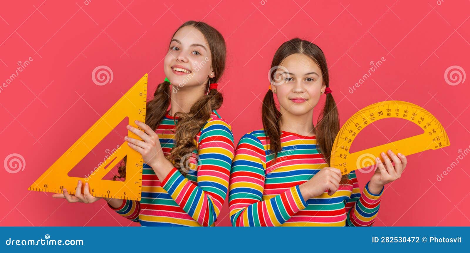 Smiling School Students Hold Math Tool of Triangle and Protractor Stock ...