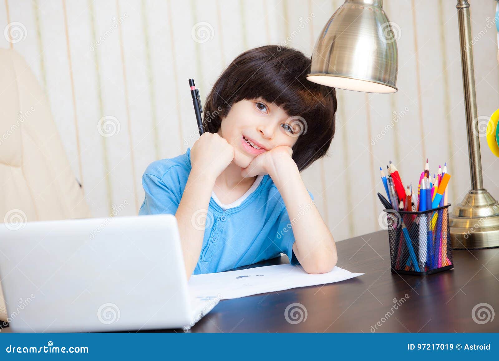 Smiling Schoolboy Doing Homework Stock Image - Image of folder ...