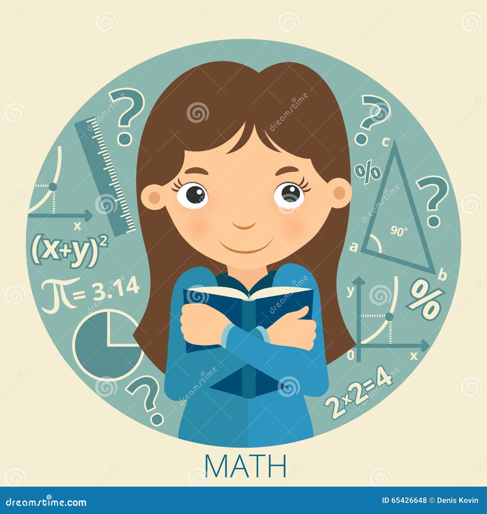 Smiling Schoolgirl with Textbook in Her Hands. Math Stock Illustration ...