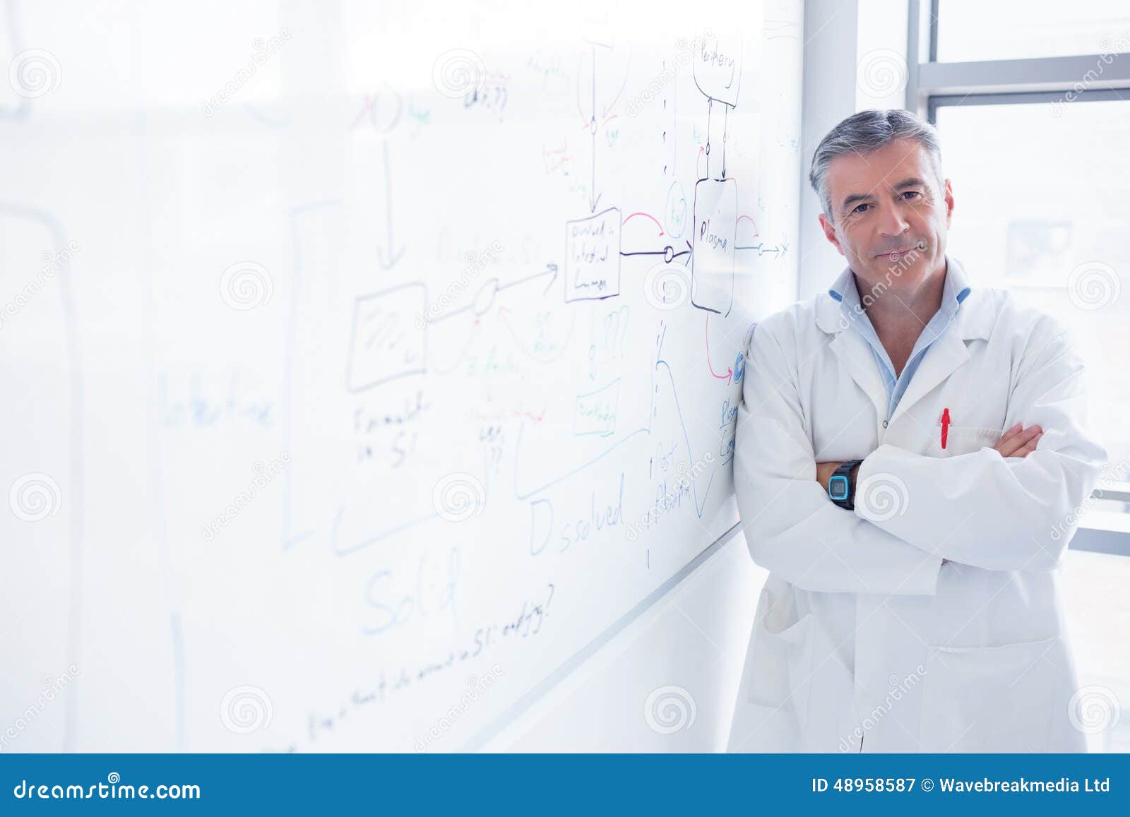 Smiling Scientist Leaning Against the Whiteboard Stock Image - Image of ...
