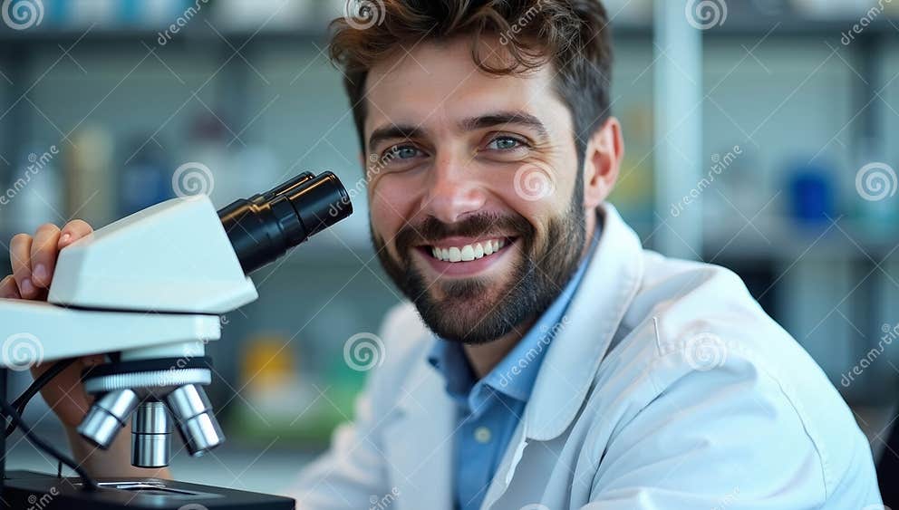 Smiling Scientist Using Microscope in Laboratory Research Experiment ...