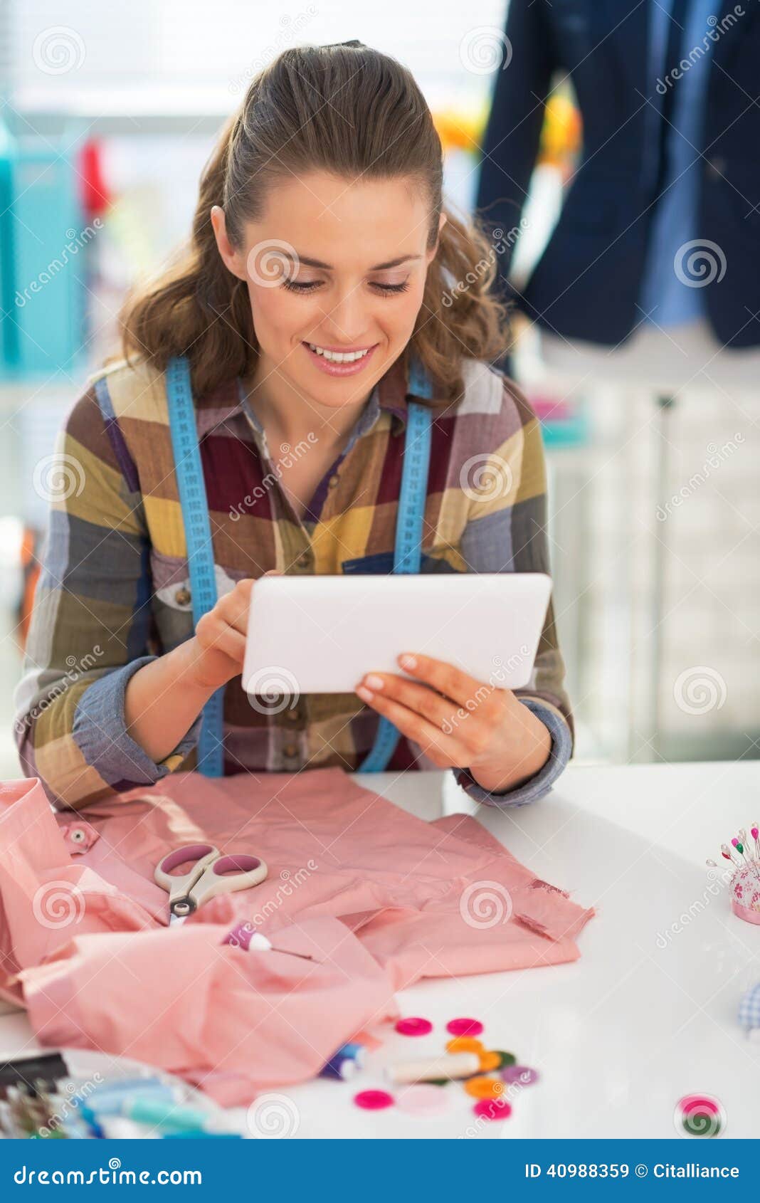 Smiling Seamstress Working With Sewing Machine Royalty-Free Stock ...