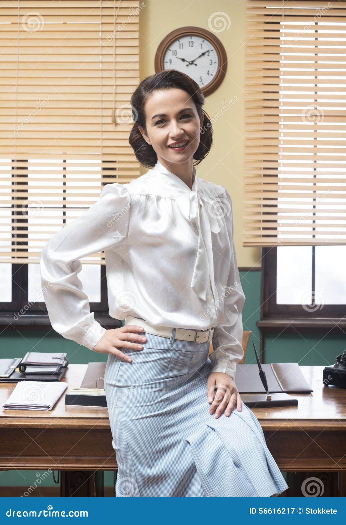Smiling Secretary Leaning on Desk Stock Image - Image of confident ...