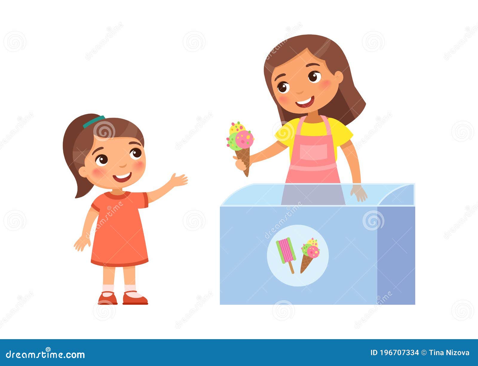 Smiling Seller Young Woman Gives Little Girl Ice Cream Vector ... Smiling Seller Young Woman Gives Little Girl Ice Cream Vector ...