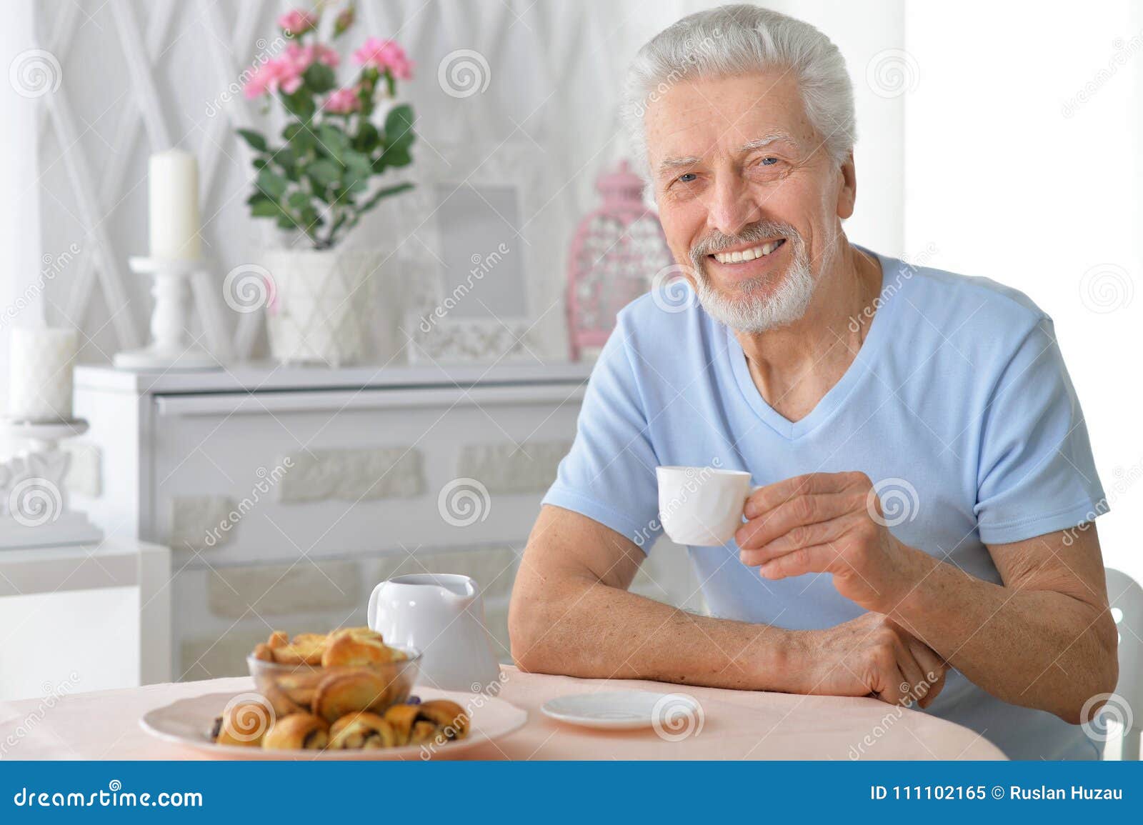 Smiling Senior Man Drinking Tea at Home Stock Image - Image of portrait ...