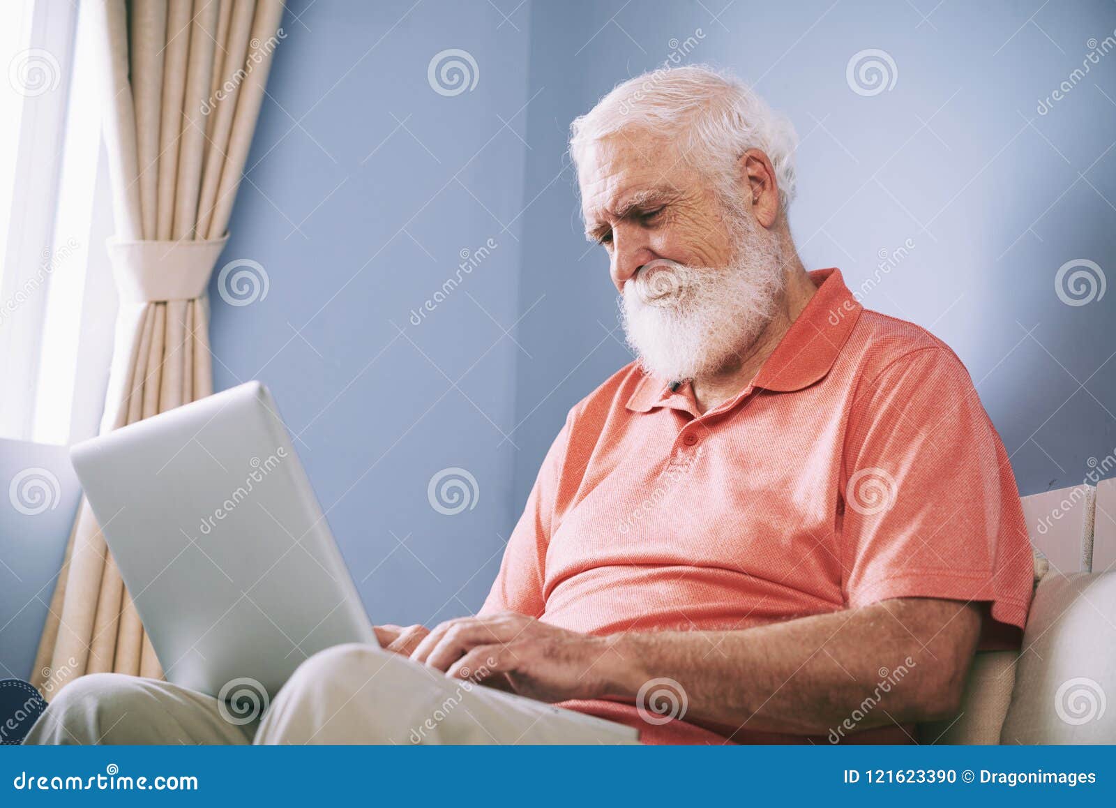 Aged man checking e-mails stock photo. Image of typing - 121623390