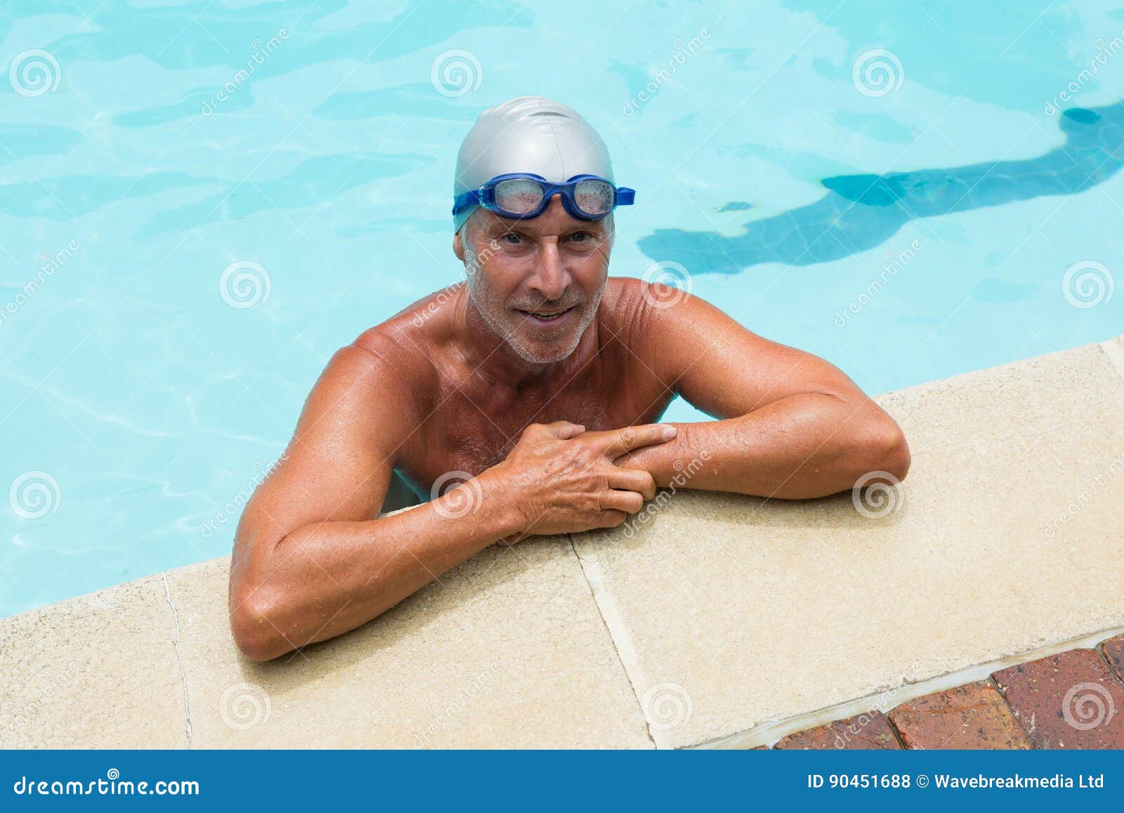 Smiling Senior Man Standing in Swimming Pool Stock Photo - Image of ...