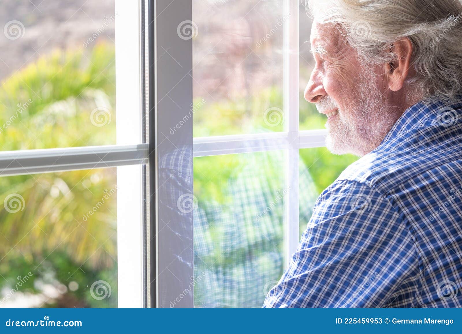 Smiling Senior Man at the Window Looking Out Stock Image - Image of ...