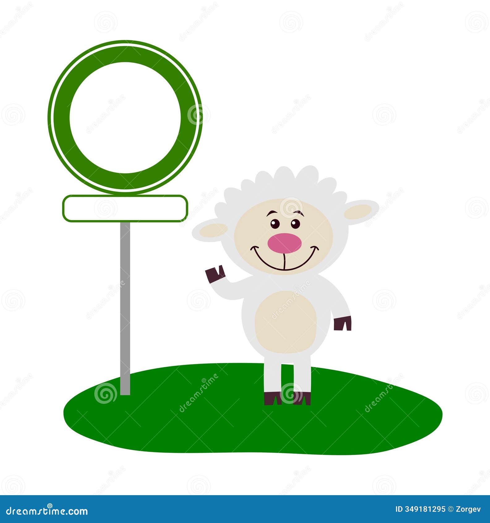 A Smiling Sheep on Grass Meadow with Green Warning Sign - Vector Stock ...