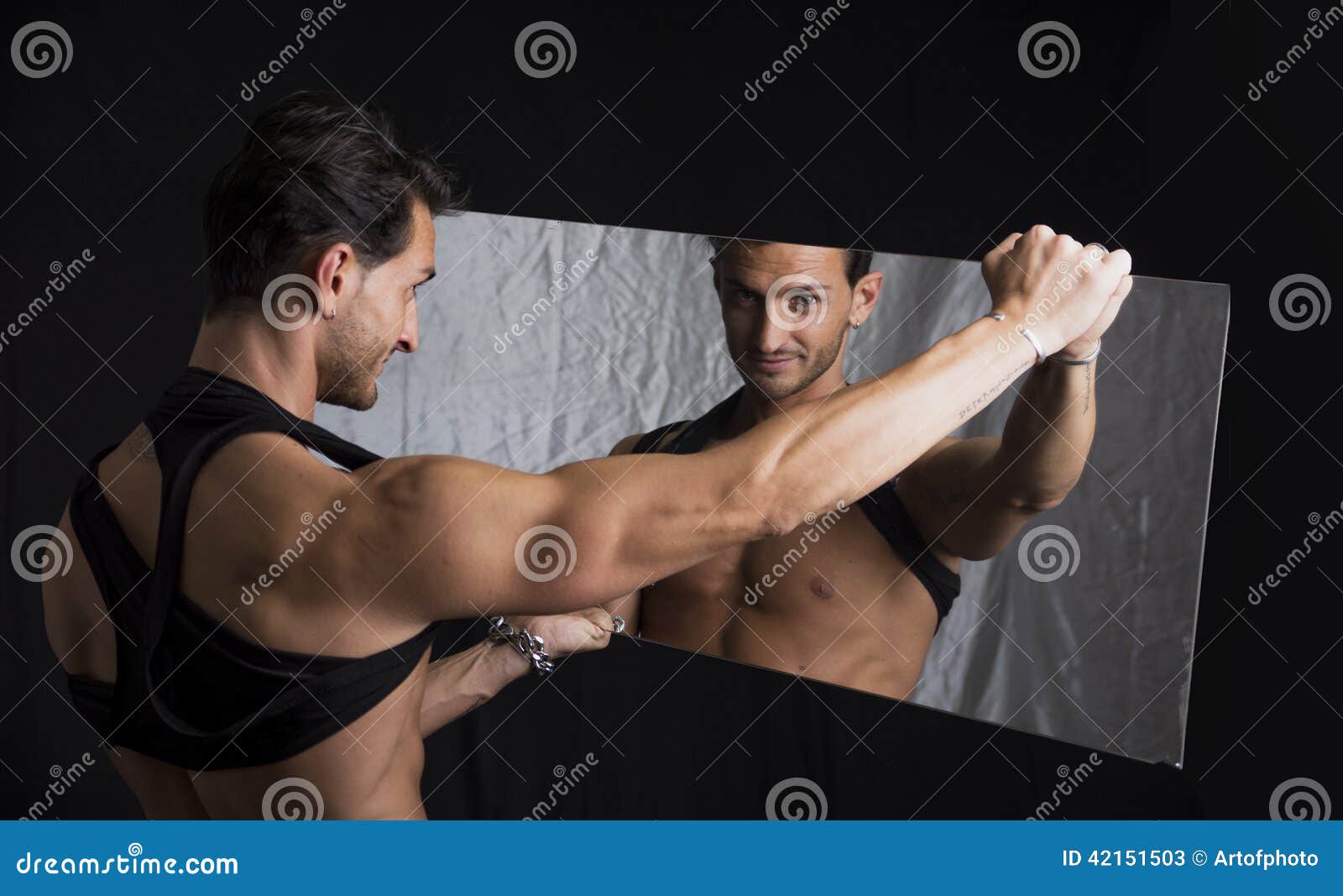 Smiling Shirtless Man Holding Mirror Royalty-Free Stock Photo ...
