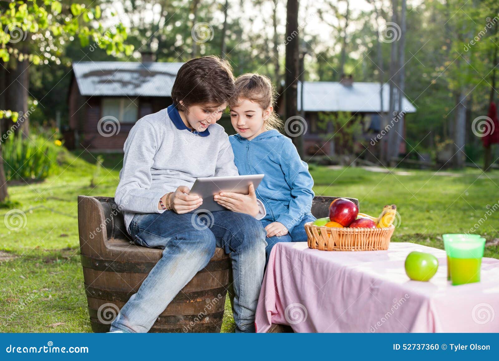 Smiling Siblings Using Tablet Computer at Campsite Stock Photo - Image ...