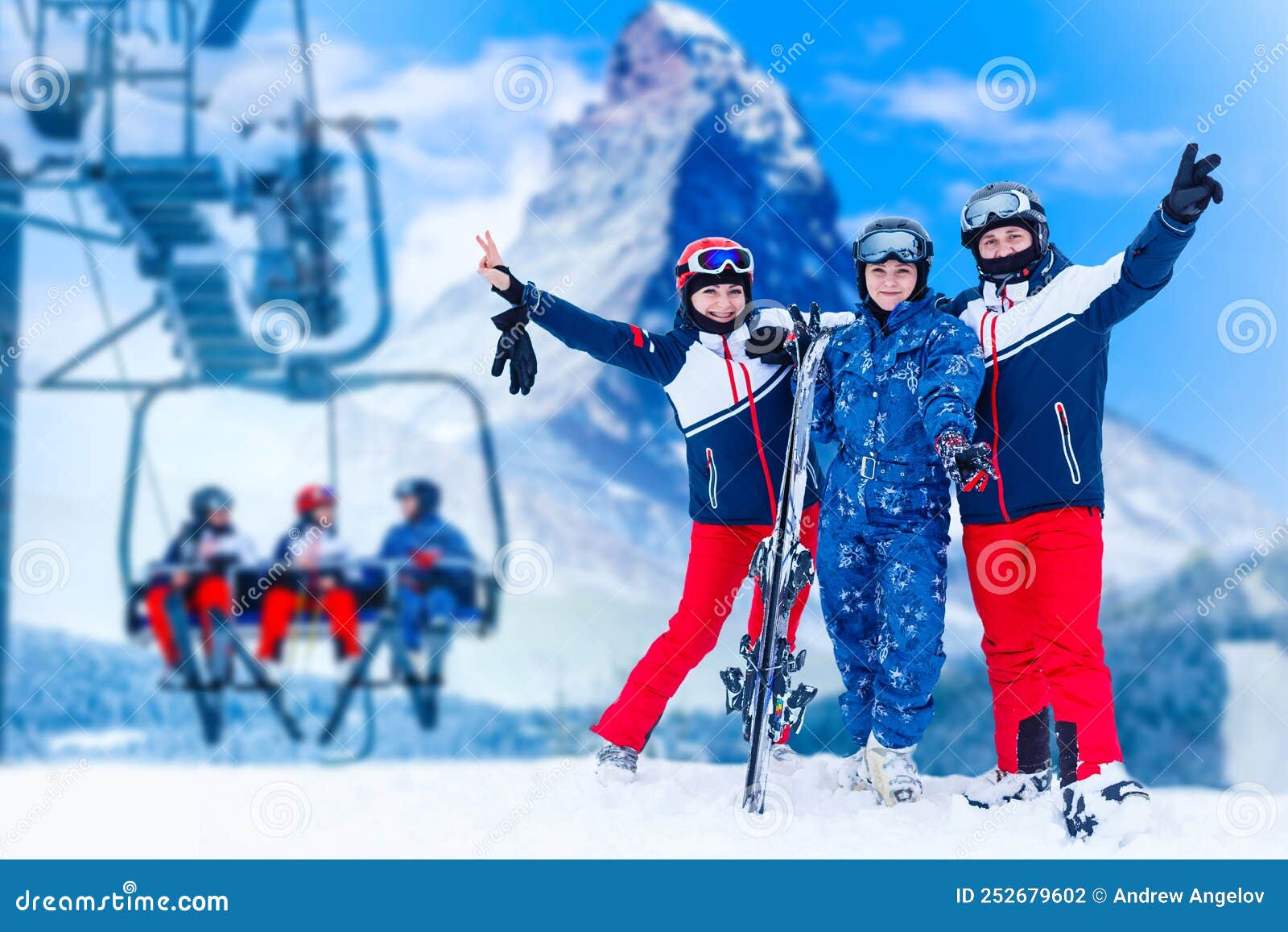 Smiling Ski Friends Skiing Alps Resort Stock Photo - Image of mountain ...
