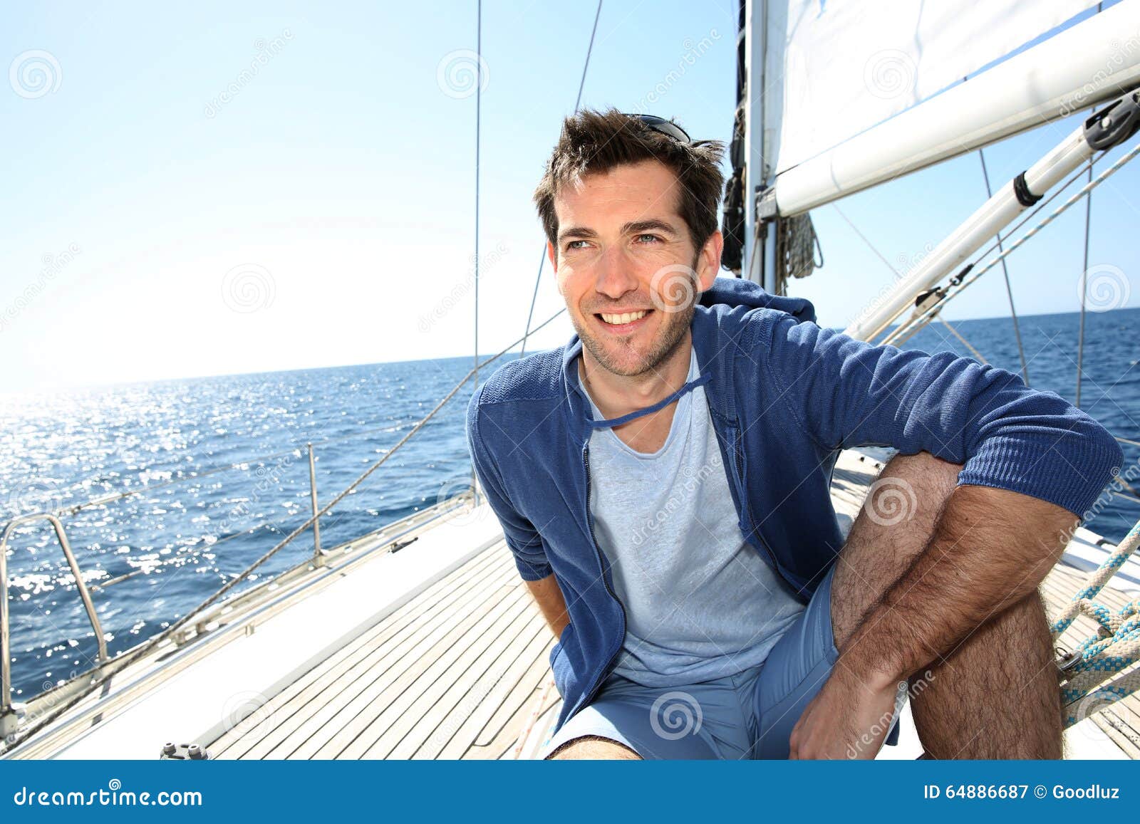 Smiling Skipper Navigating Sailing Boat Stock Image - Image of cruise ...