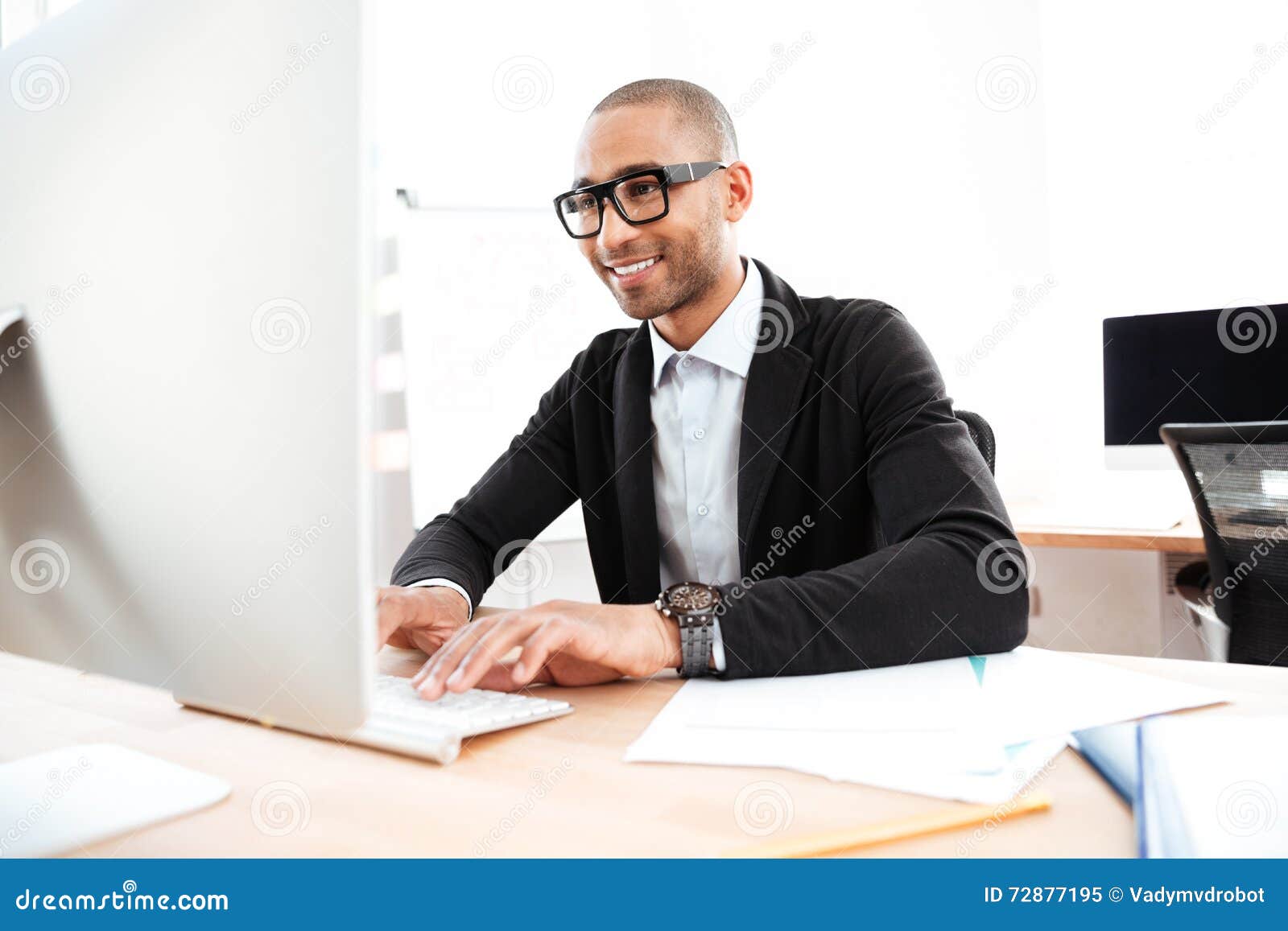 Smiling Smart Businessman Working with Computer in Office Stock Image ...