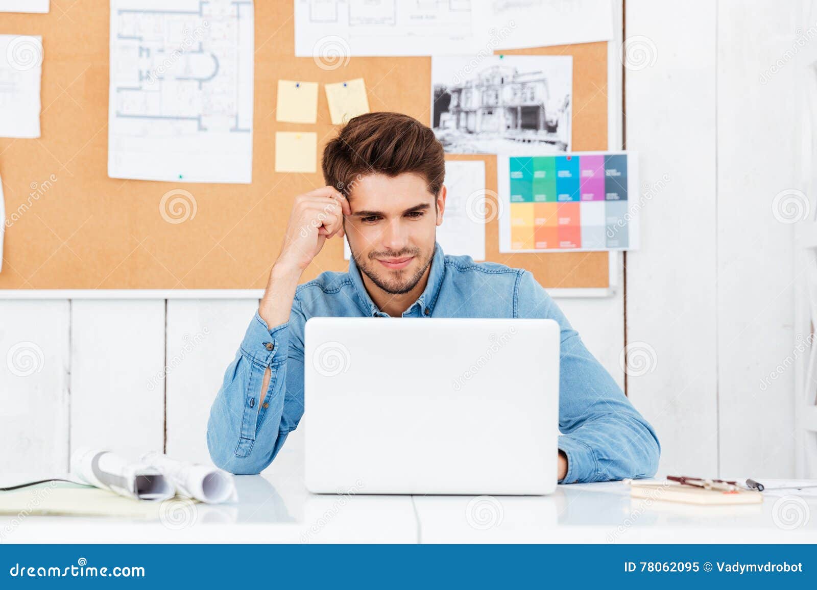 Smiling Smart Businessman Working with Computer at the Office Stock ...