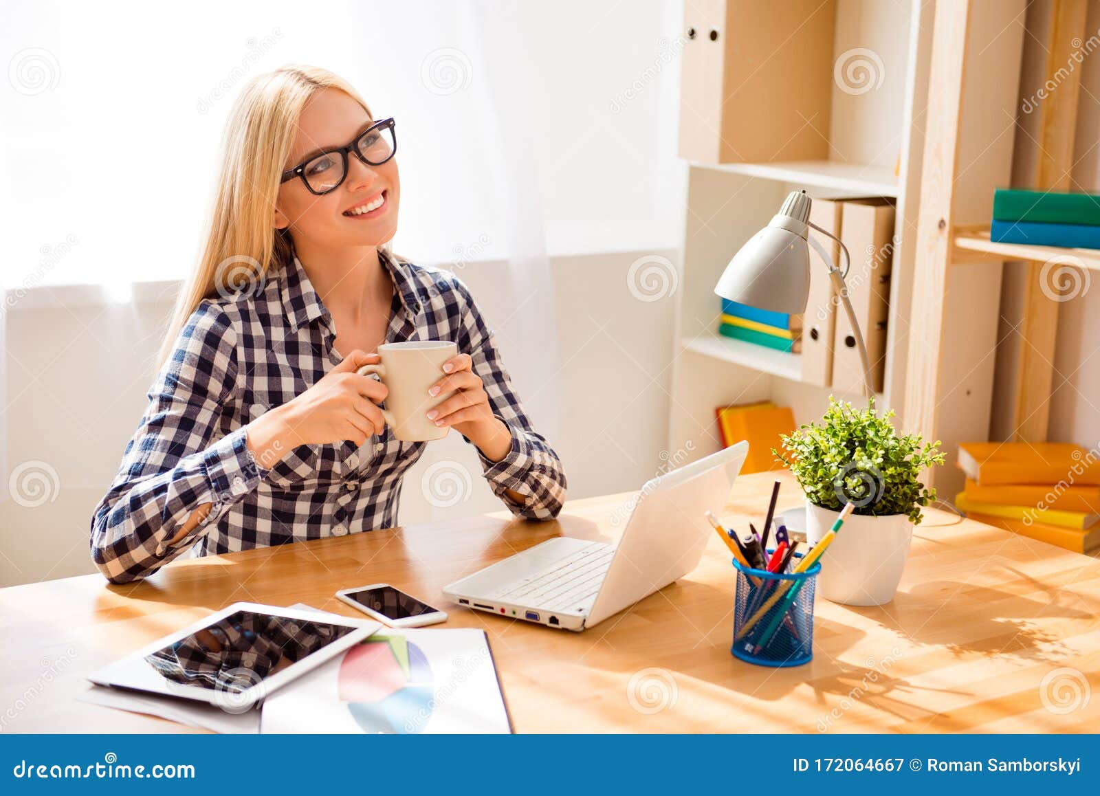 Smiling Smart Relaxed Woman Drinking Tea and Dreaming Stock Image ...