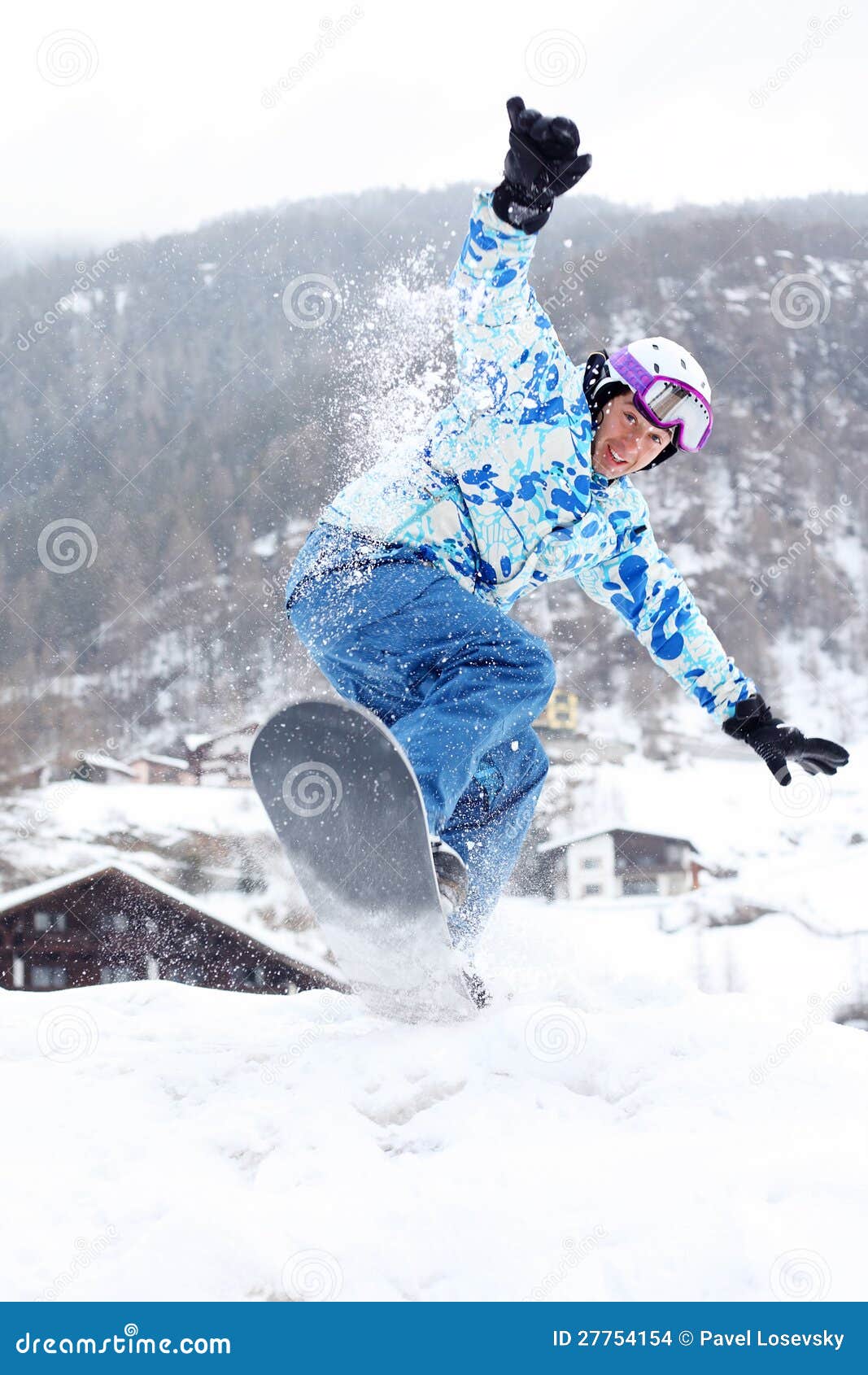 Smiling Snowboarder Jumps on Snowboard on Mountain Stock Photo - Image ...