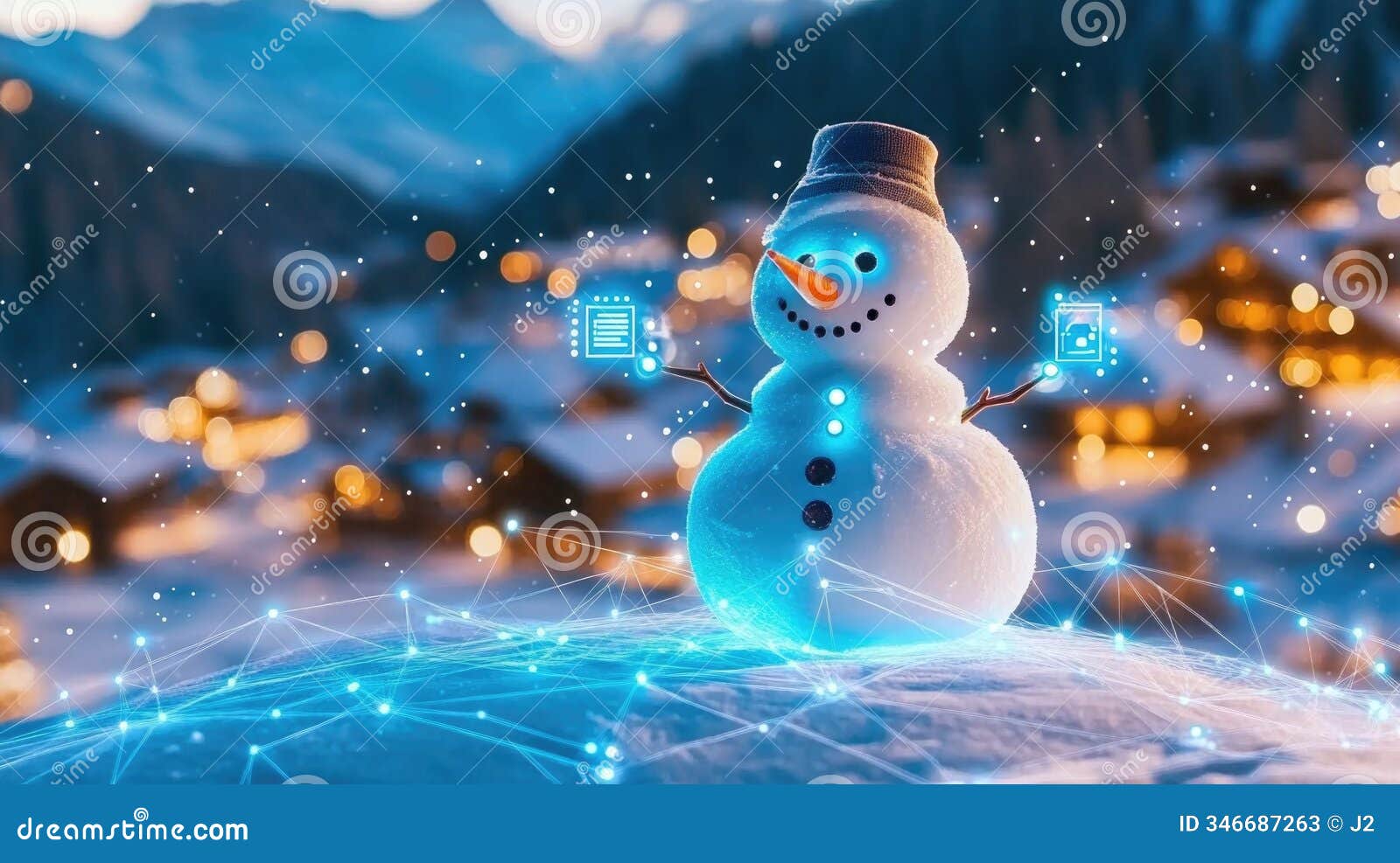 Smiling Snowman with Digital Technology in a Winter Wonderland Stock ...