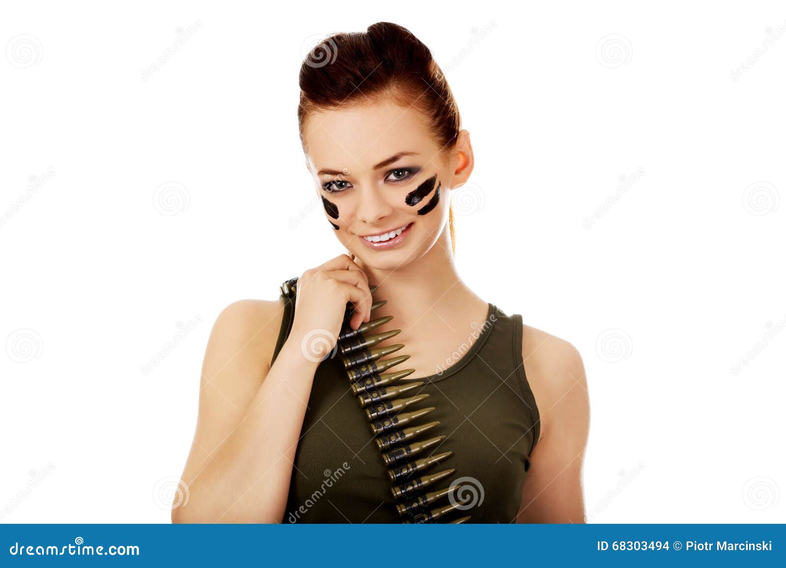 Smiling Soldier Woman with Bullet Belt Stock Photo - Image of isolated ...