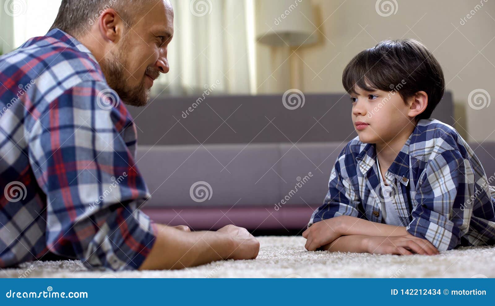 Smiling Son Looking at Son, Lying on Floor, Men Talks, Trust-based ...