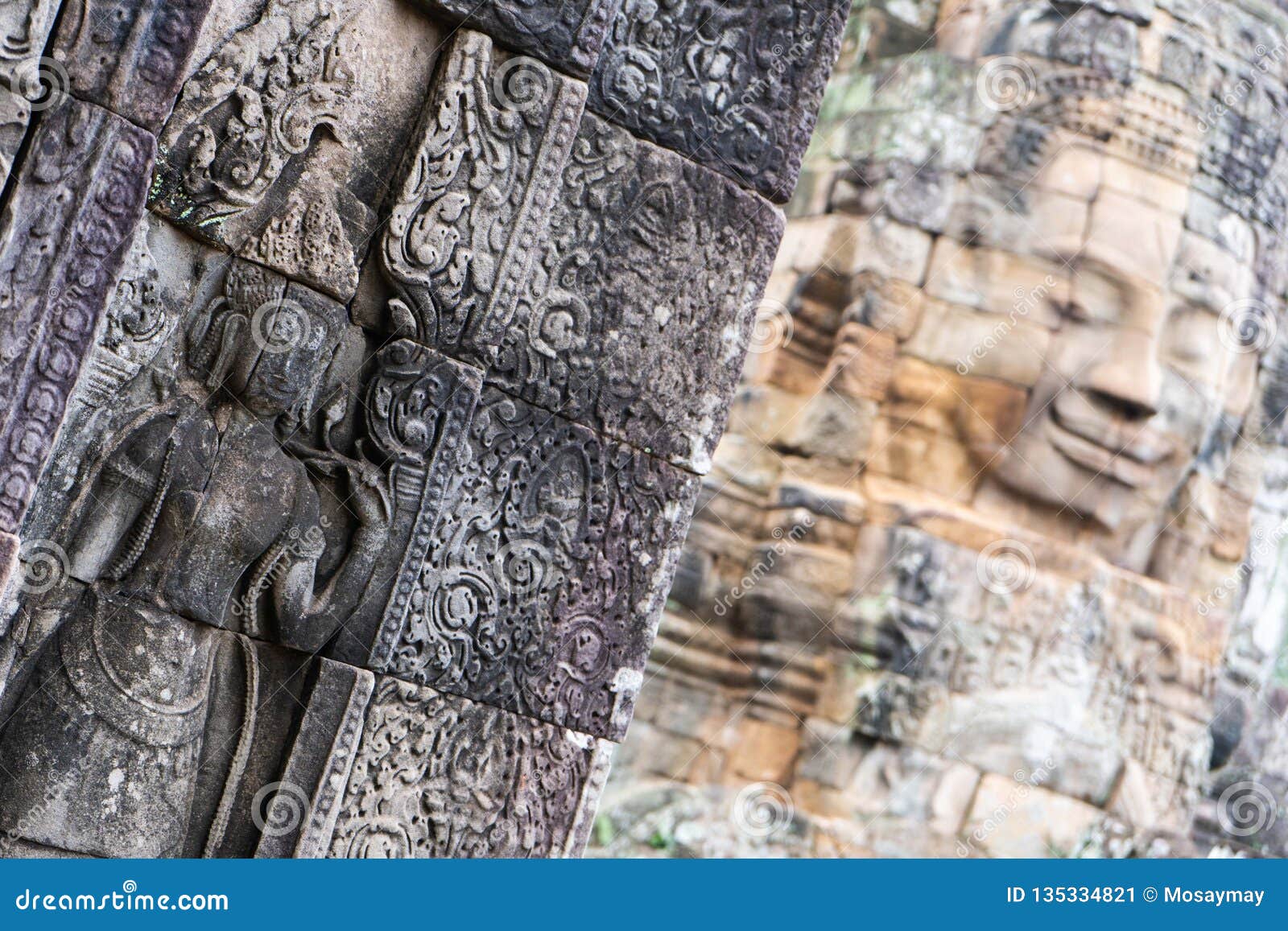 Smiling Stone Face on Tower at Bayon Castle Stock Image - Image of reap ...