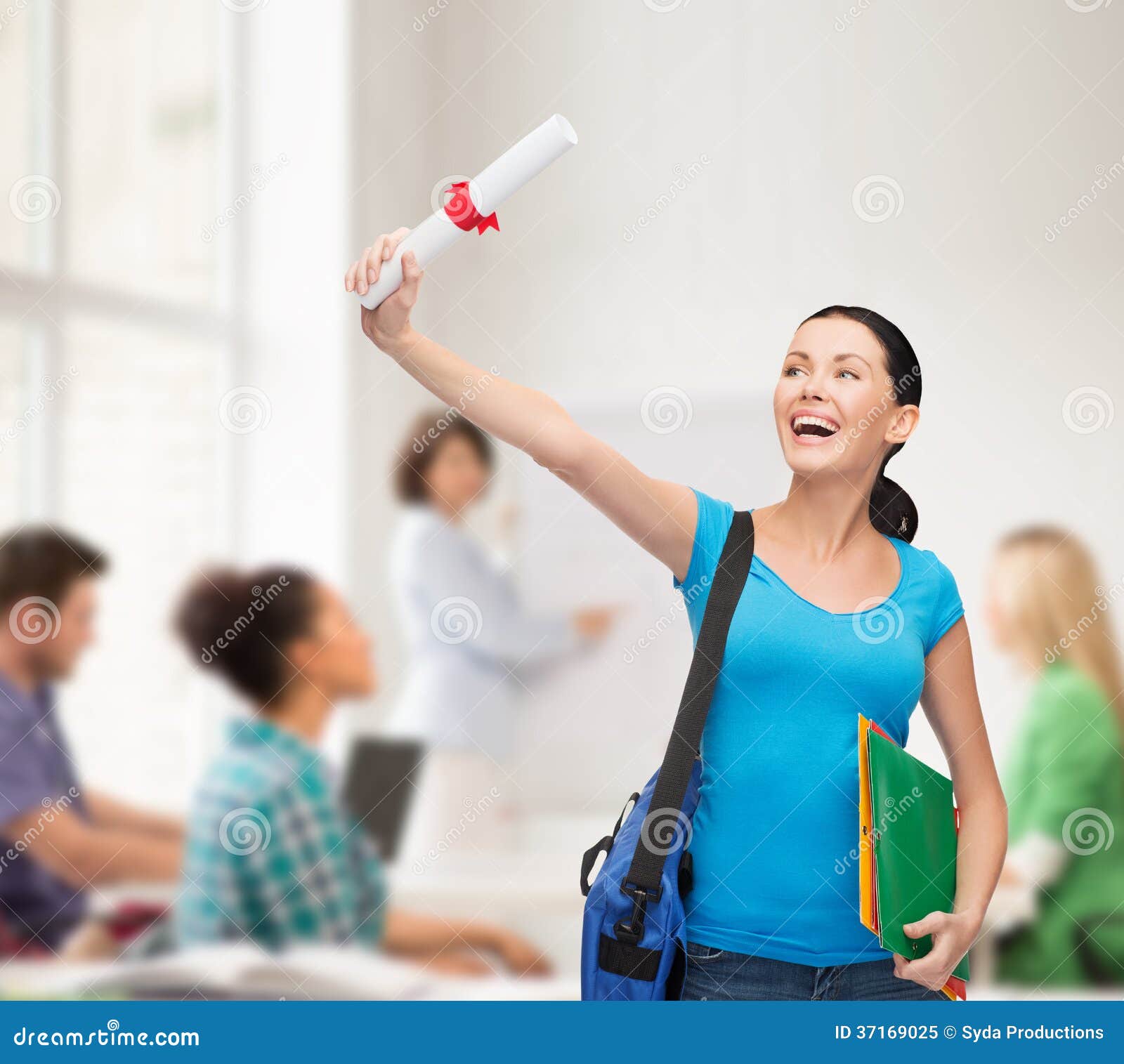 Smiling Student with Bag and Folders Stock Image - Image of attractive ...