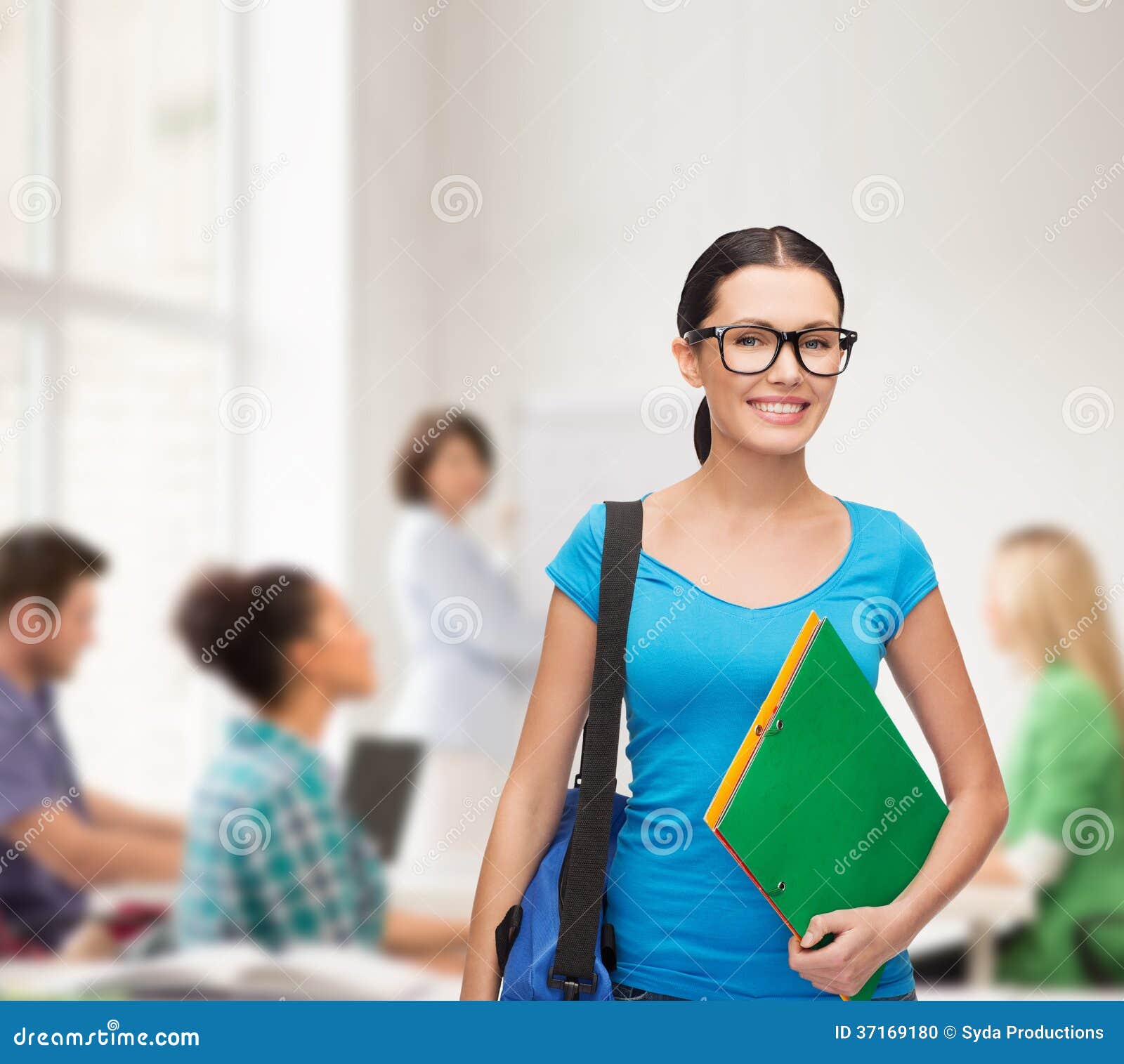 Smiling Student with Bag and Folders Stock Photo - Image of classroom ...