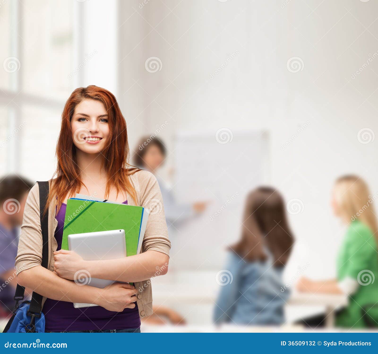 Smiling Student with Bag, Folders and Tablet Pc Stock Photo - Image of ...